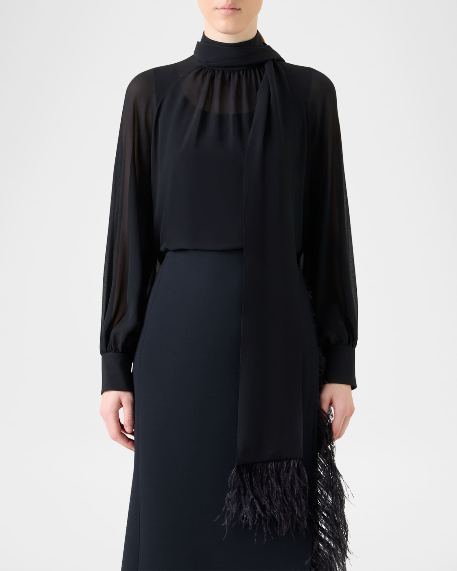Akris Feather-Trim Scarf Silk Georgette Blouse | Neiman Marcus