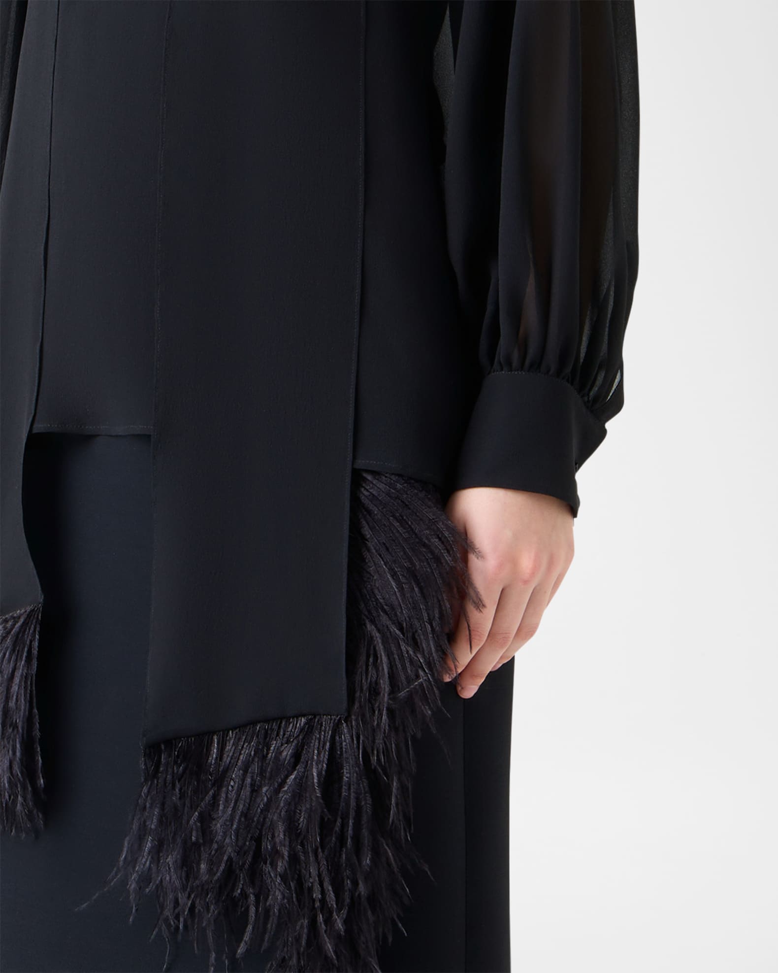 Akris Feather-Trim Scarf Silk Georgette Blouse | Neiman Marcus