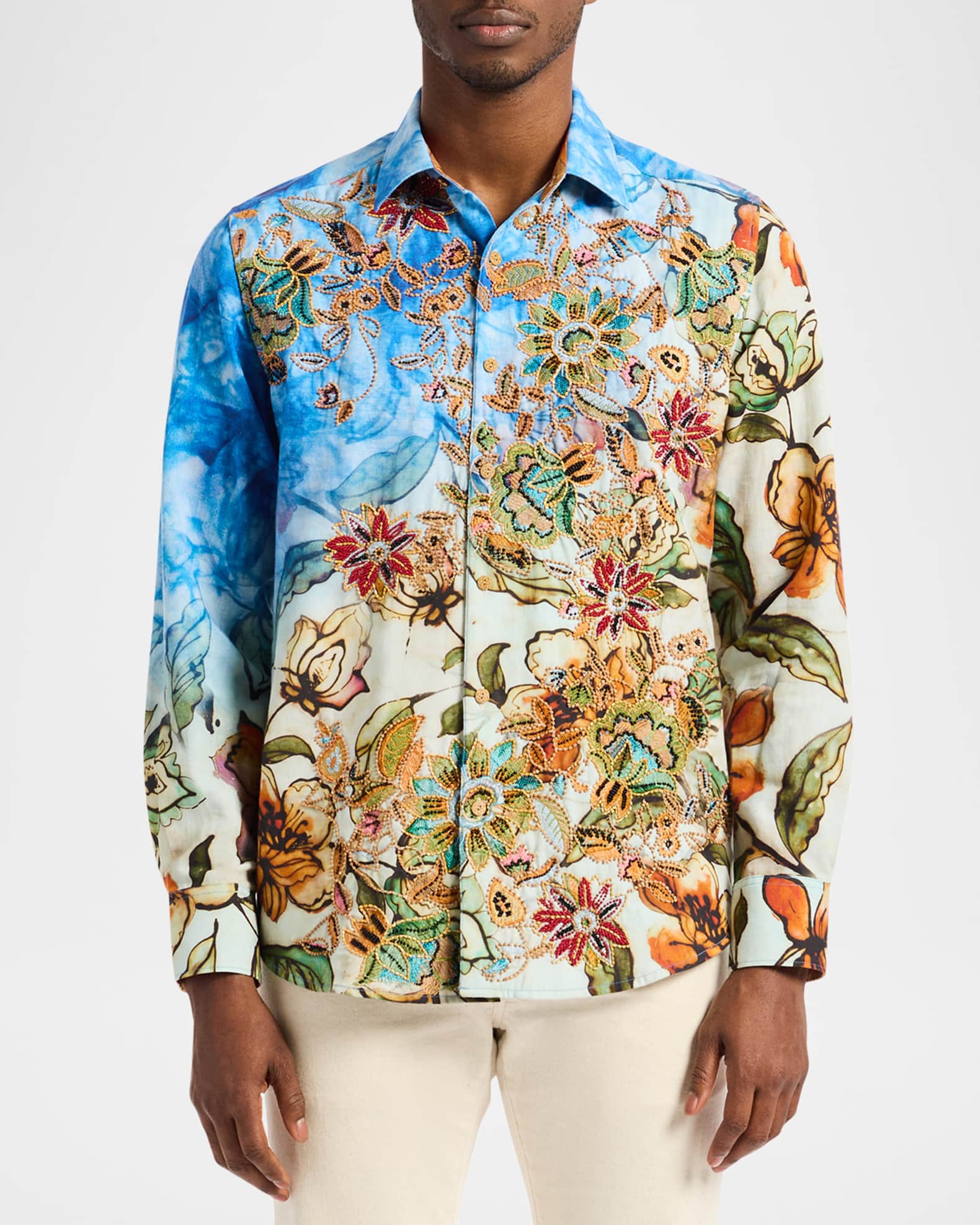 Robert Graham Men's Flax and Cotton Floral Embroidered Sport Shirt ...