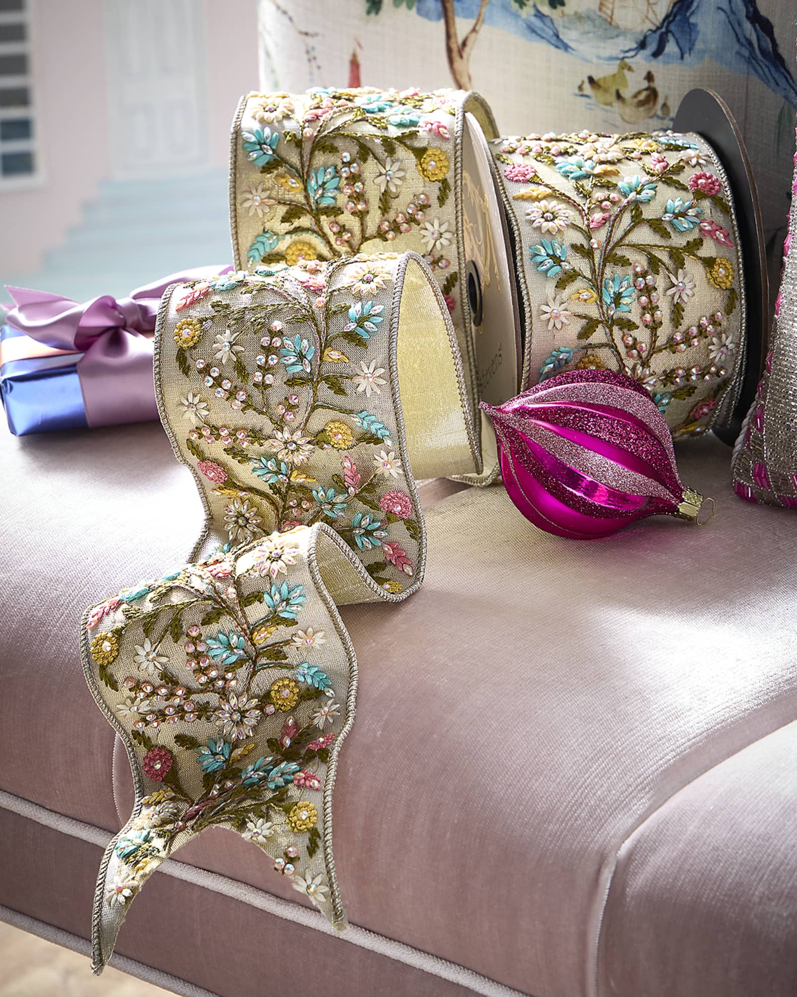 D. Stevens Metallic Dupion Floral Applique Ribbon, 3.5" x 5 Yards ...