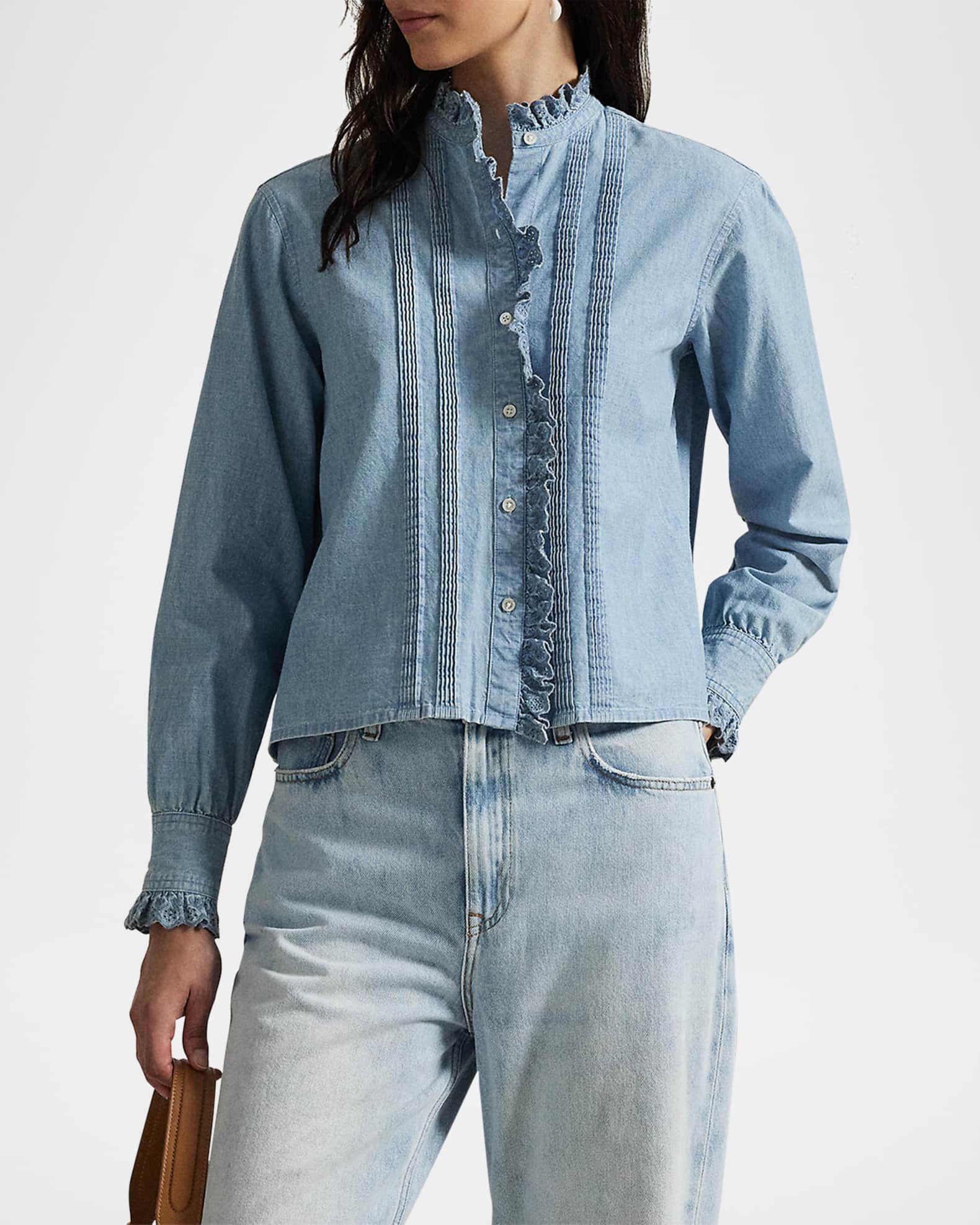 Polo Ralph Lauren Ruffle-Trim Chambray Top | Neiman Marcus