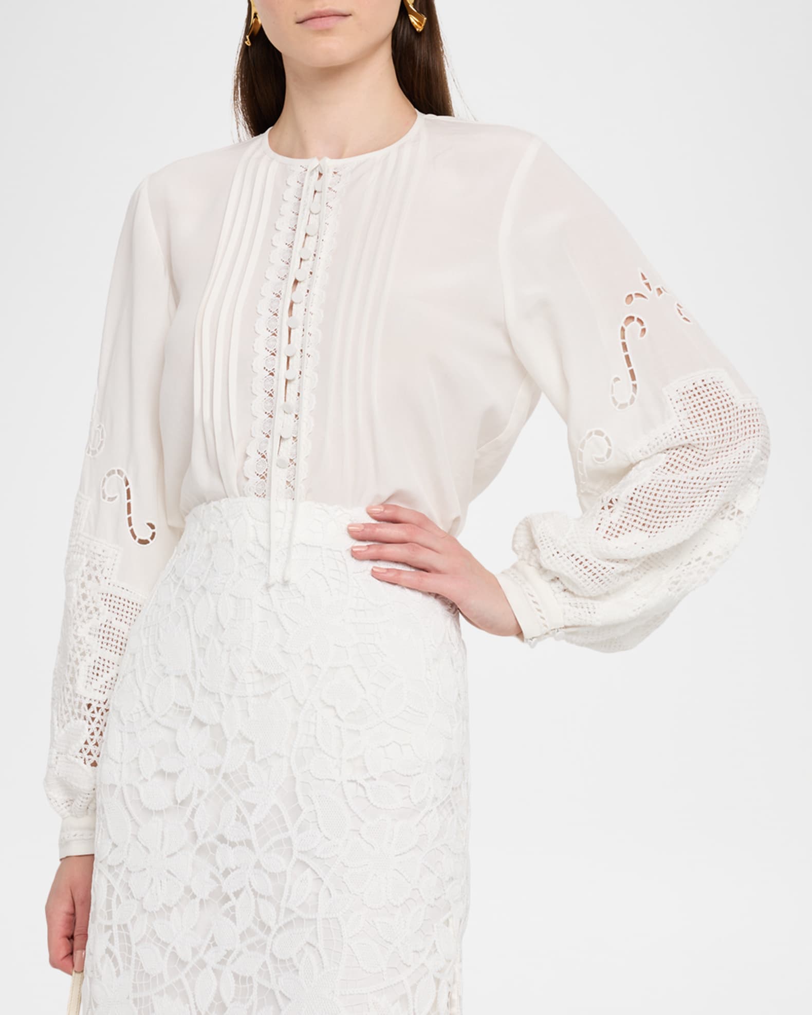 Kobi Halperin Juni Pintuck Lace-Inset Blouse | Neiman Marcus