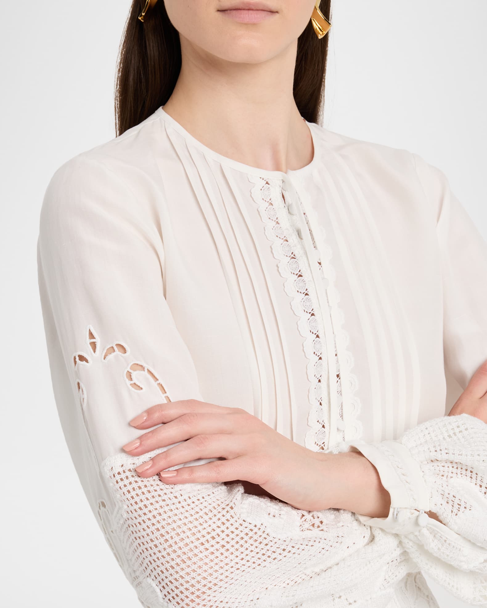 Kobi Halperin Juni Pintuck Lace-Inset Blouse | Neiman Marcus