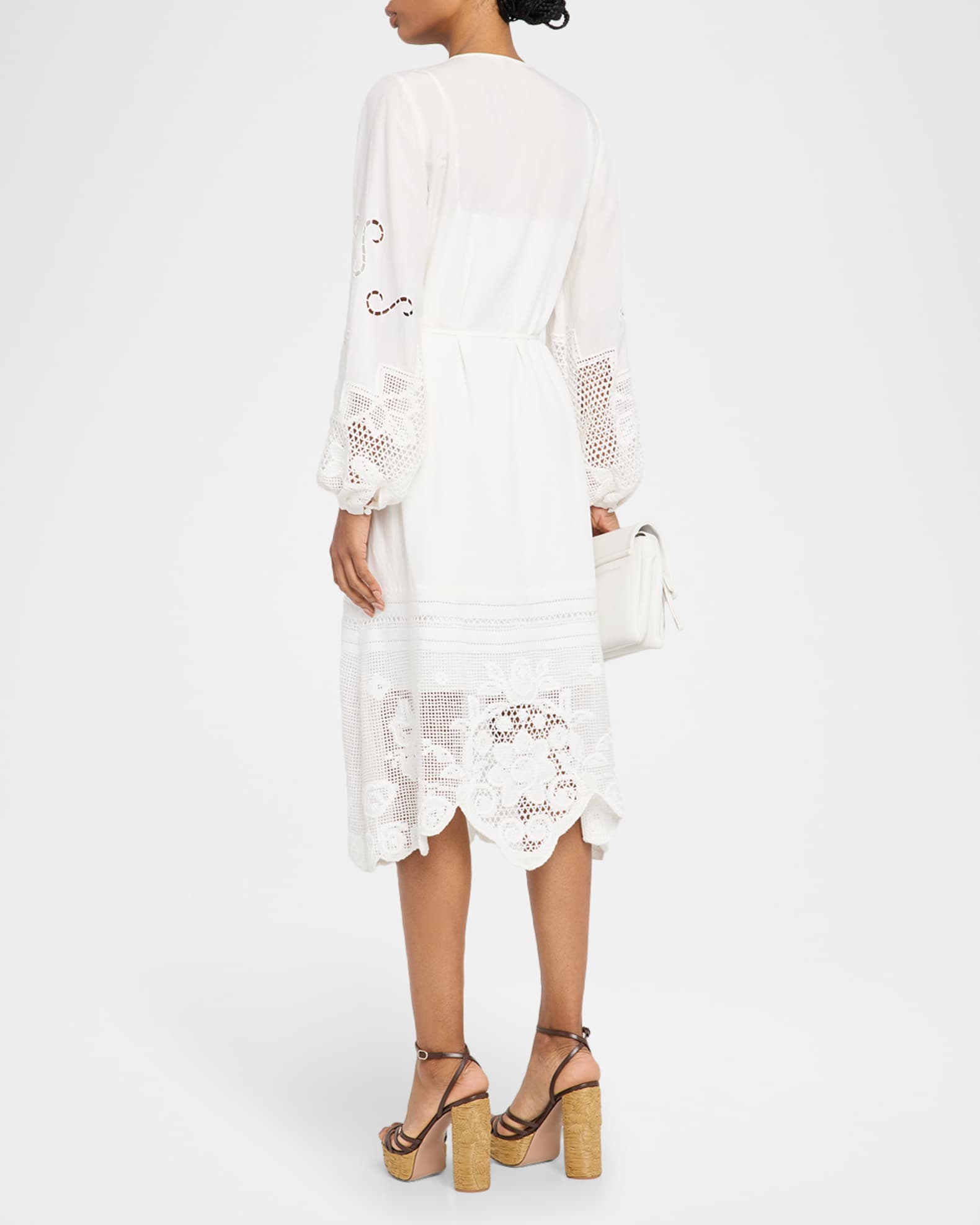 Kobi Halperin Yelle Pintuck Lace-Inset Linen Midi Dress | Neiman Marcus