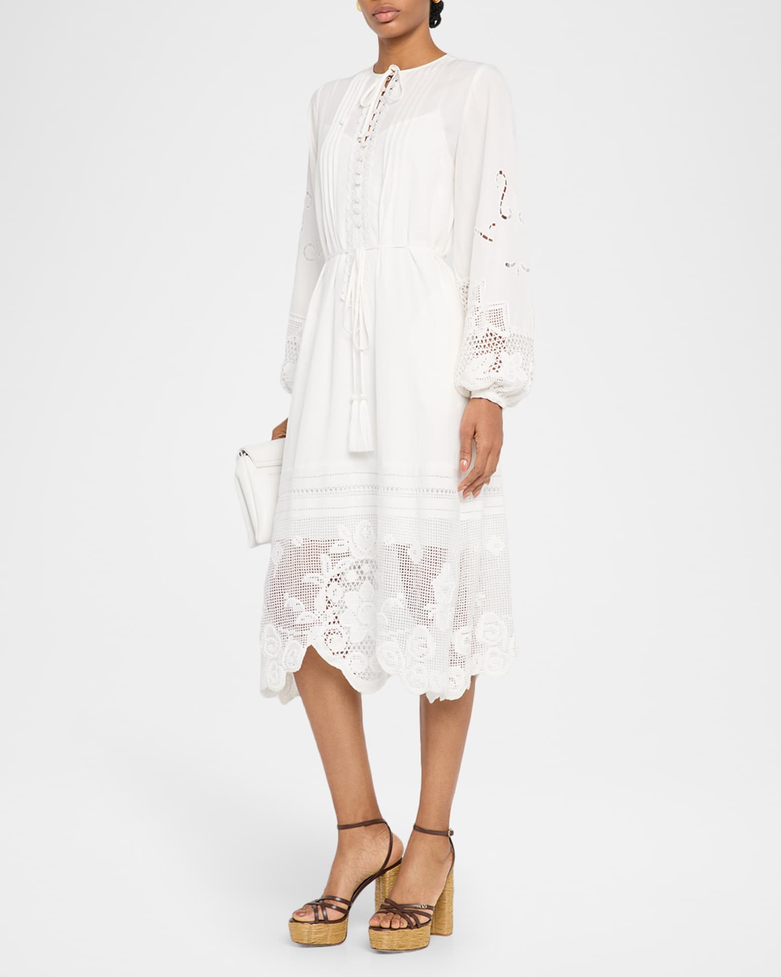 Kobi Halperin Yelle Pintuck Lace-Inset Linen Midi Dress | Neiman Marcus