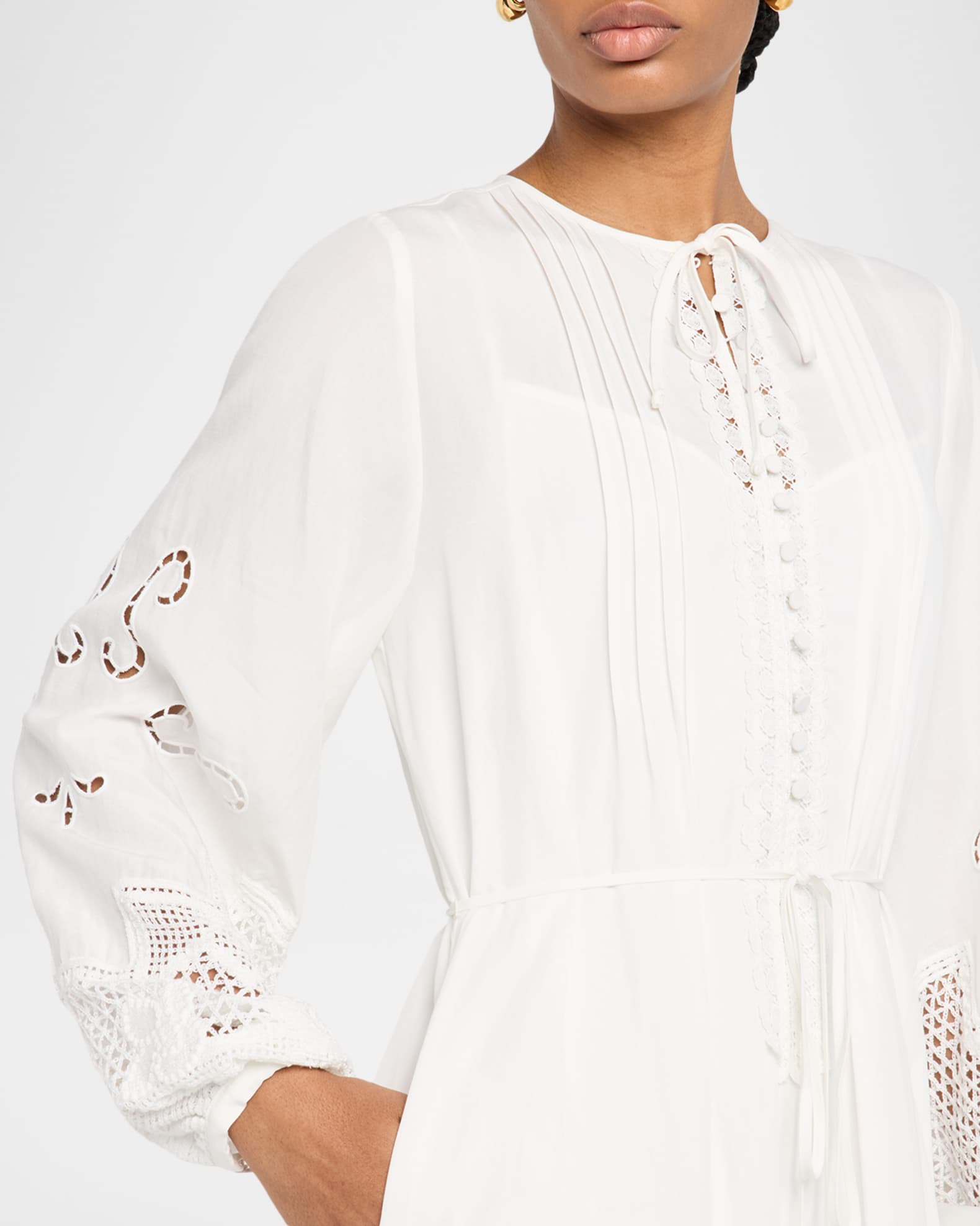 Kobi Halperin Yelle Pintuck Lace-Inset Linen Midi Dress | Neiman Marcus