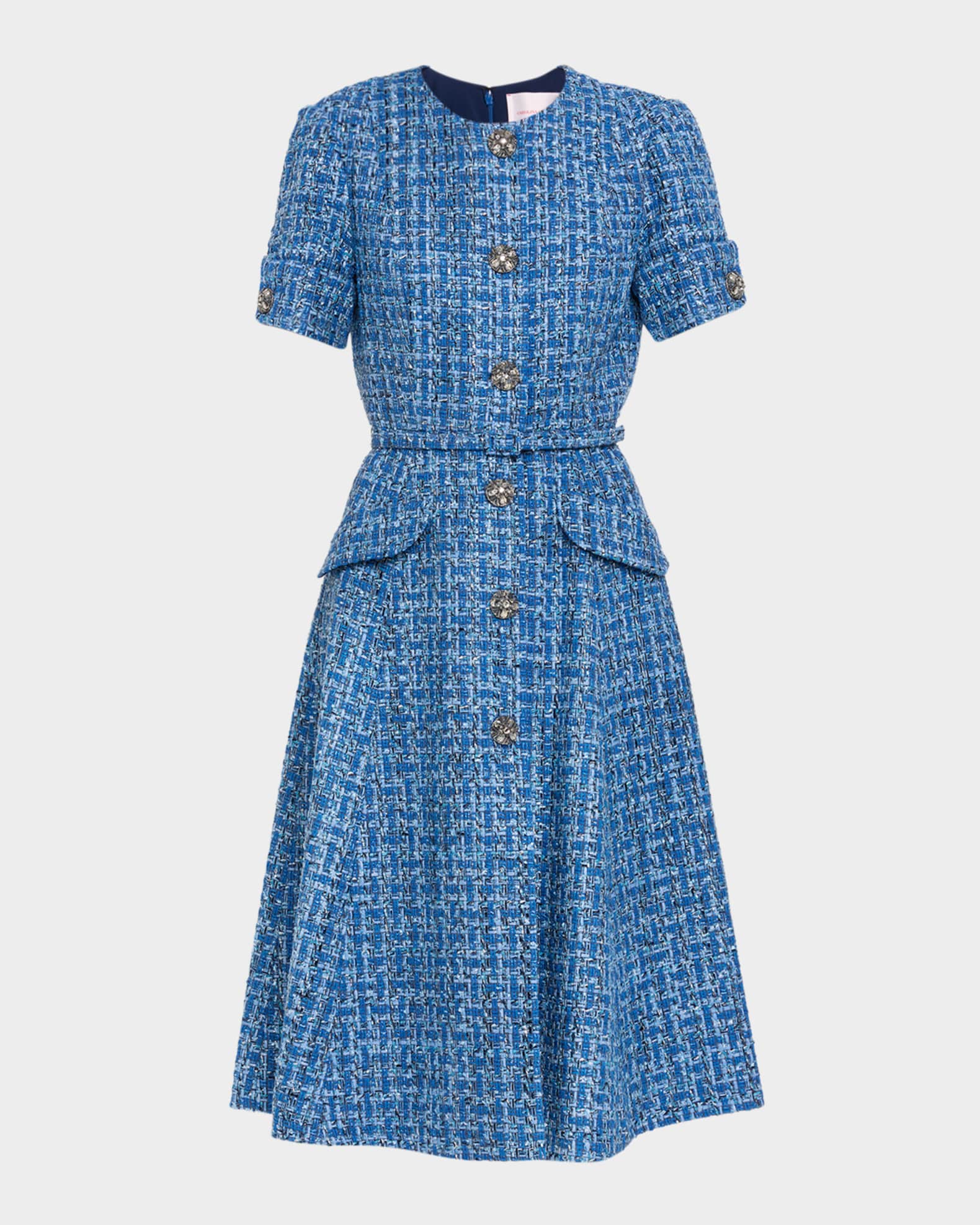 Carolina Herrera Crystal Button-Front Tweed Midi Dress With Belt | Neiman Marcus