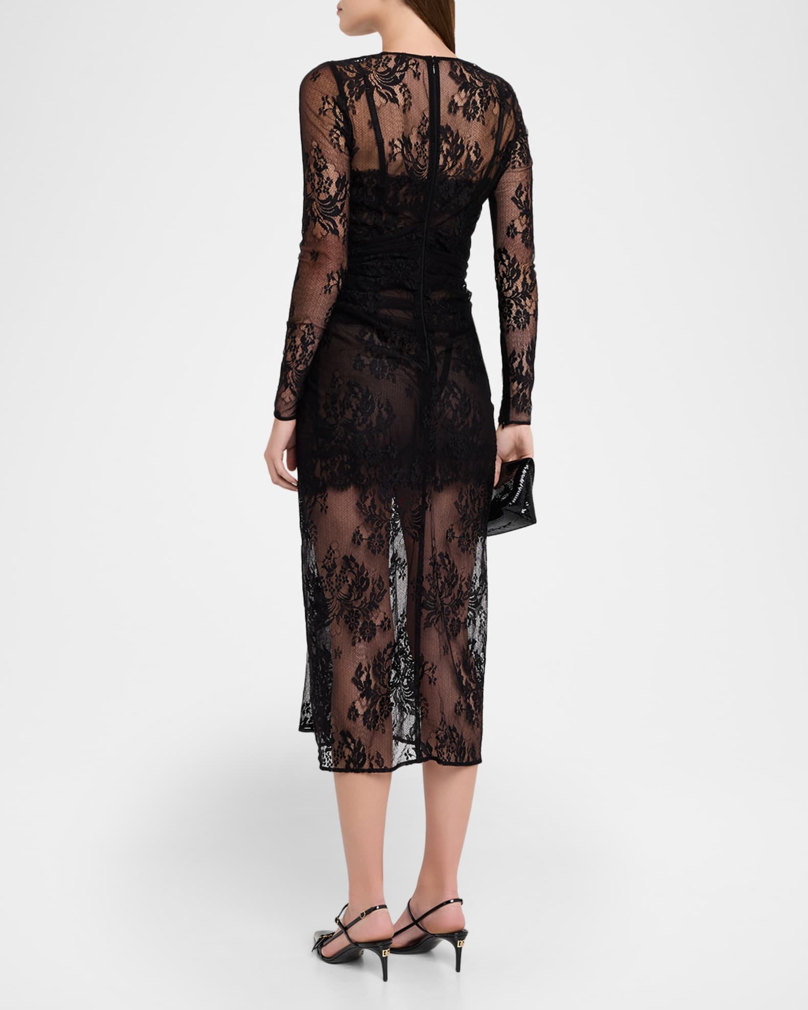 Dolce&Gabbana Plunging Twisted Chantilly Lace Long-Sleeve Midi Dress ...