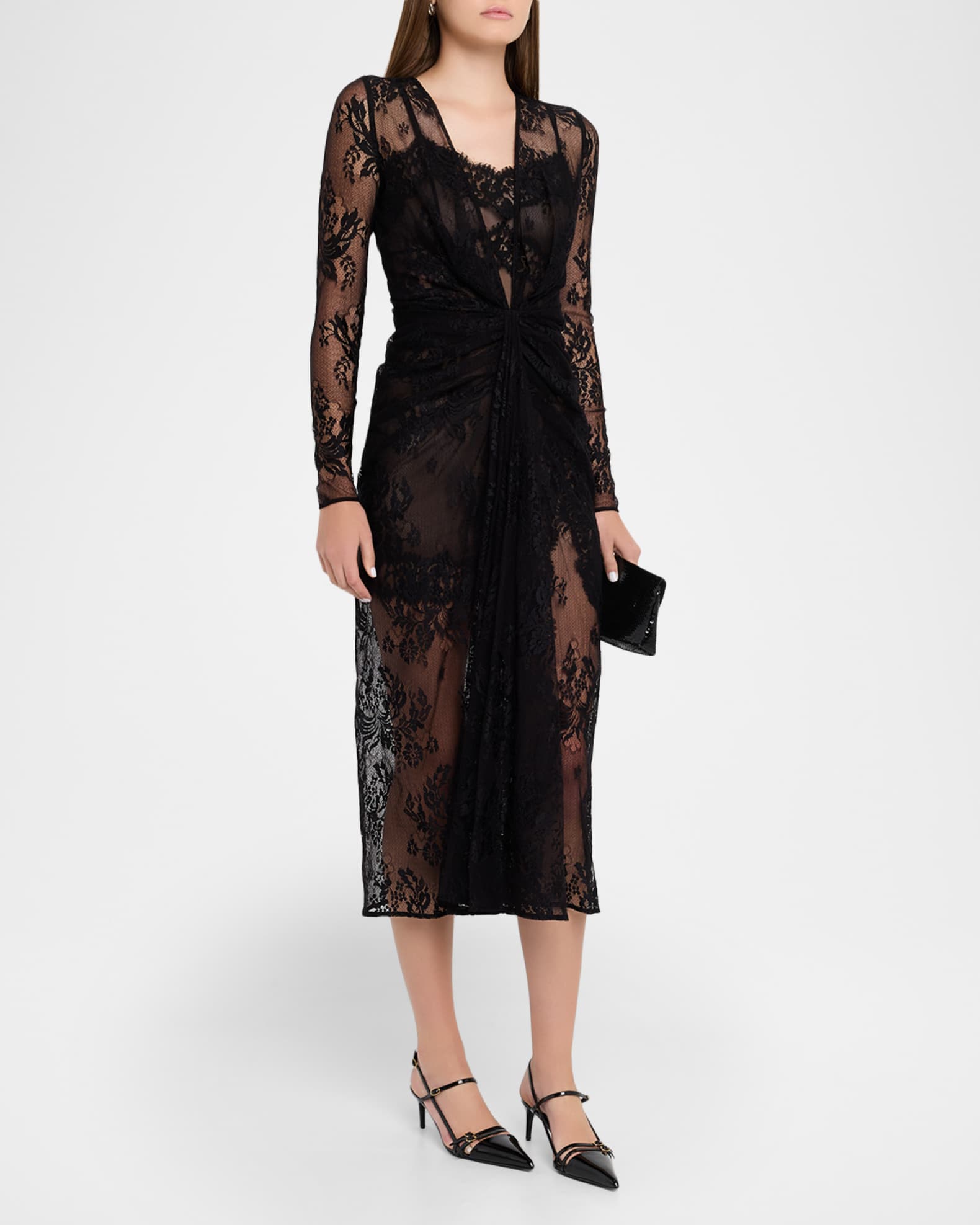 Dolce&Gabbana Plunging Twisted Chantilly Lace Long-Sleeve Midi Dress ...