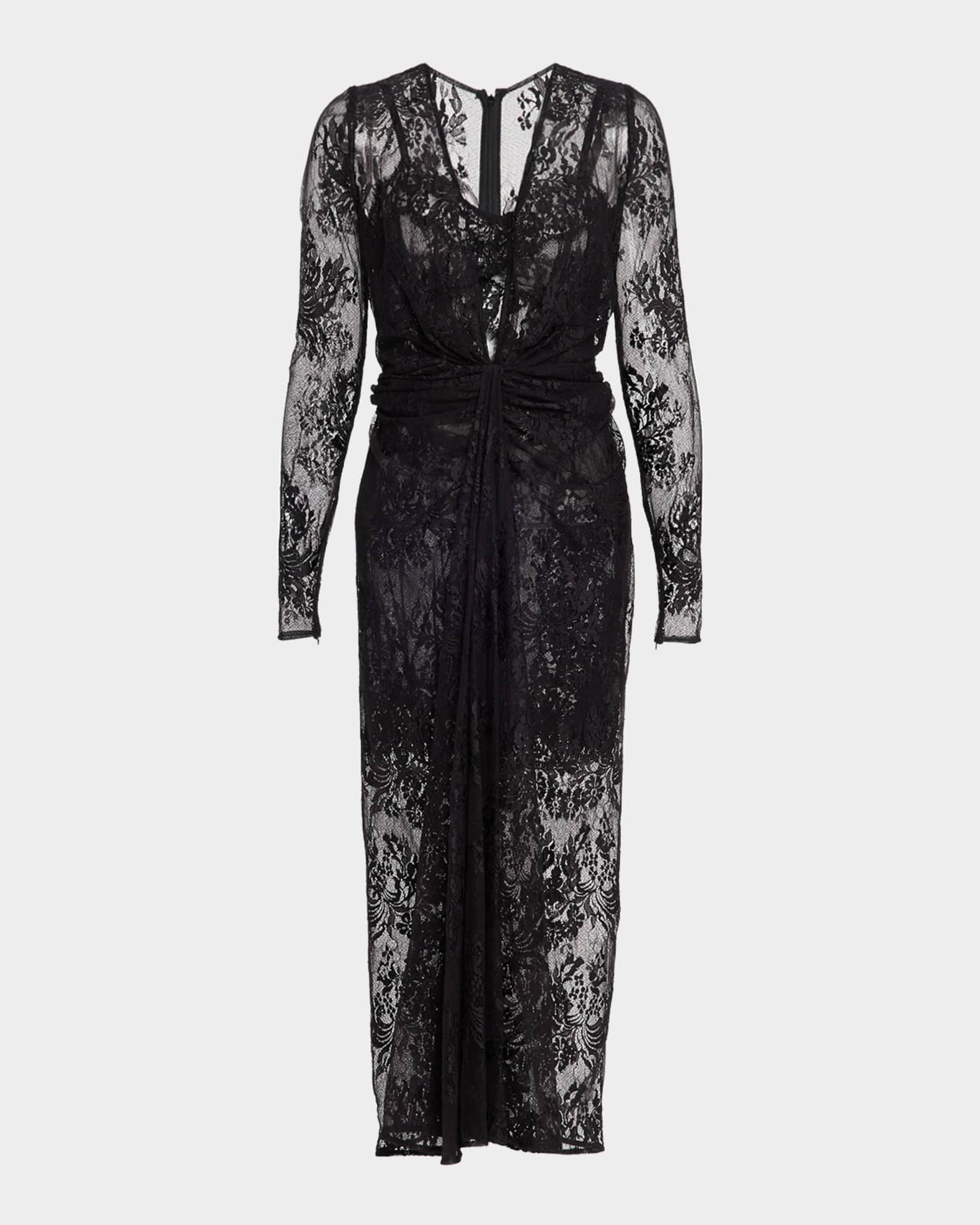 Dolce&Gabbana Plunging Twisted Chantilly Lace Long-Sleeve Midi Dress ...