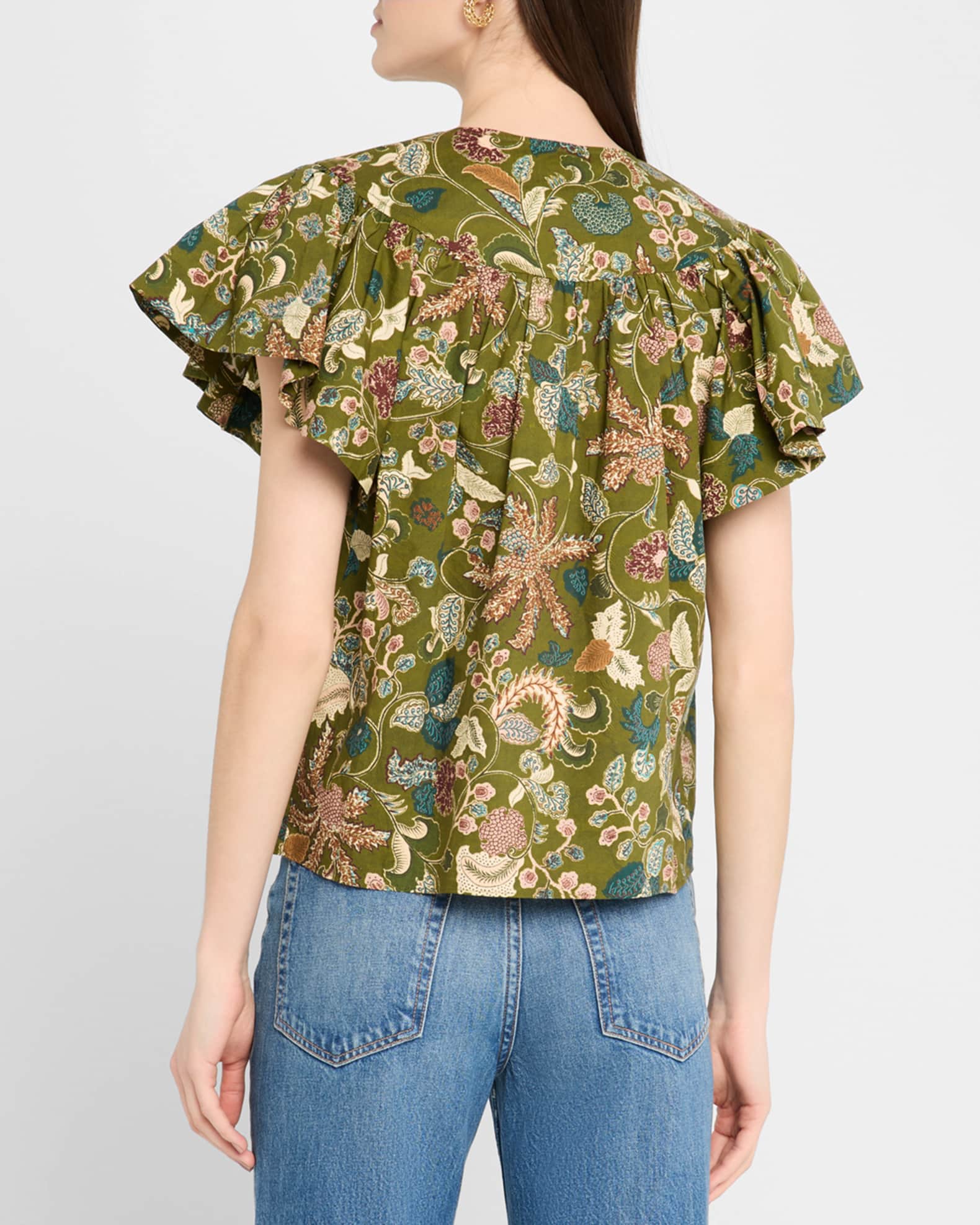 Ulla Johnson Perline Flutter-Sleeve Zip Blouse | Neiman Marcus
