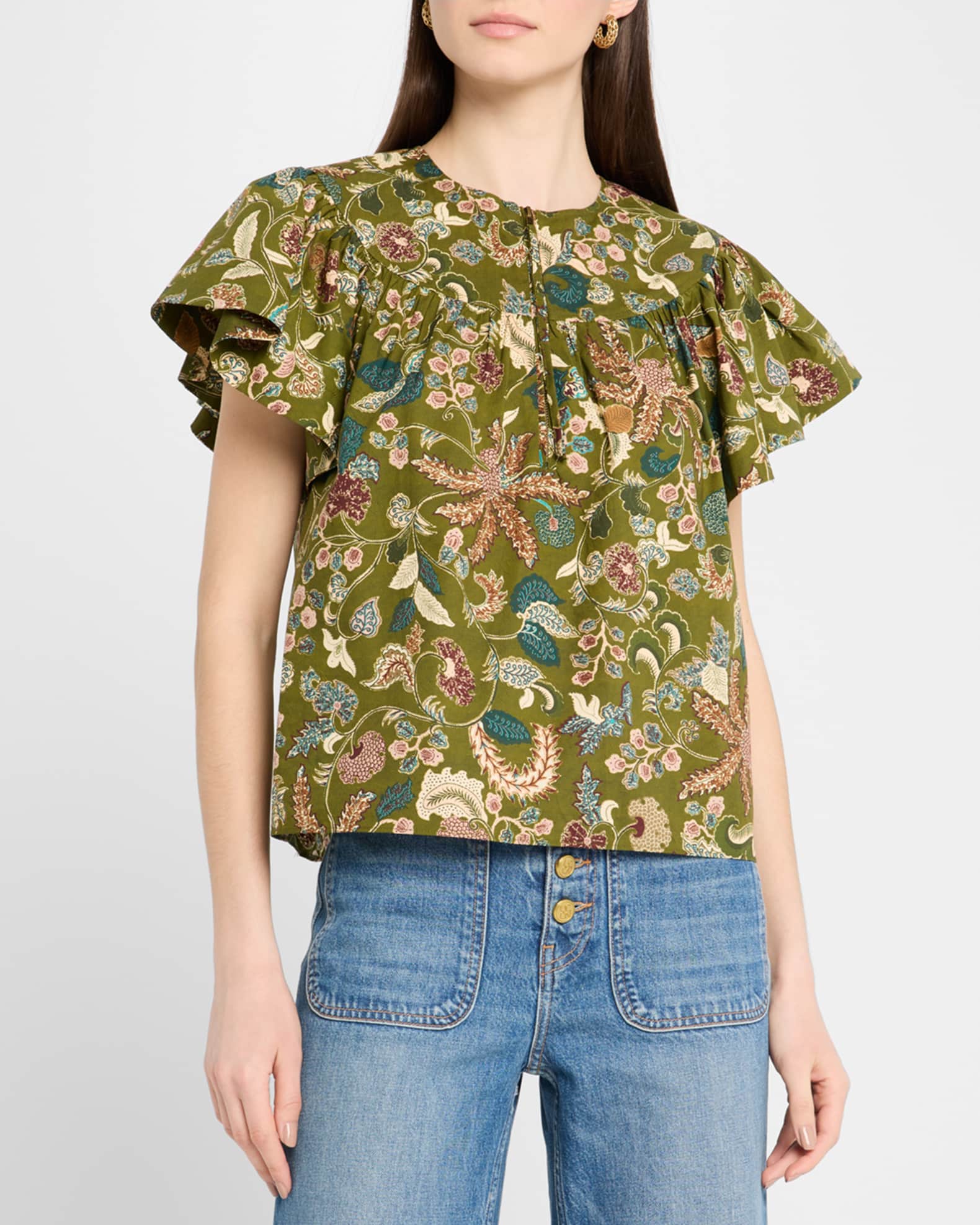 Ulla Johnson Perline Flutter-Sleeve Zip Blouse | Neiman Marcus