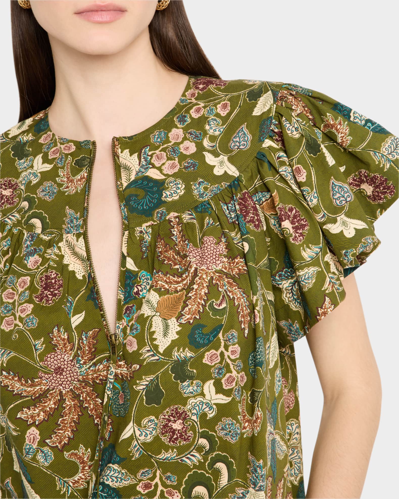 Ulla Johnson Perline Flutter-Sleeve Zip Blouse | Neiman Marcus