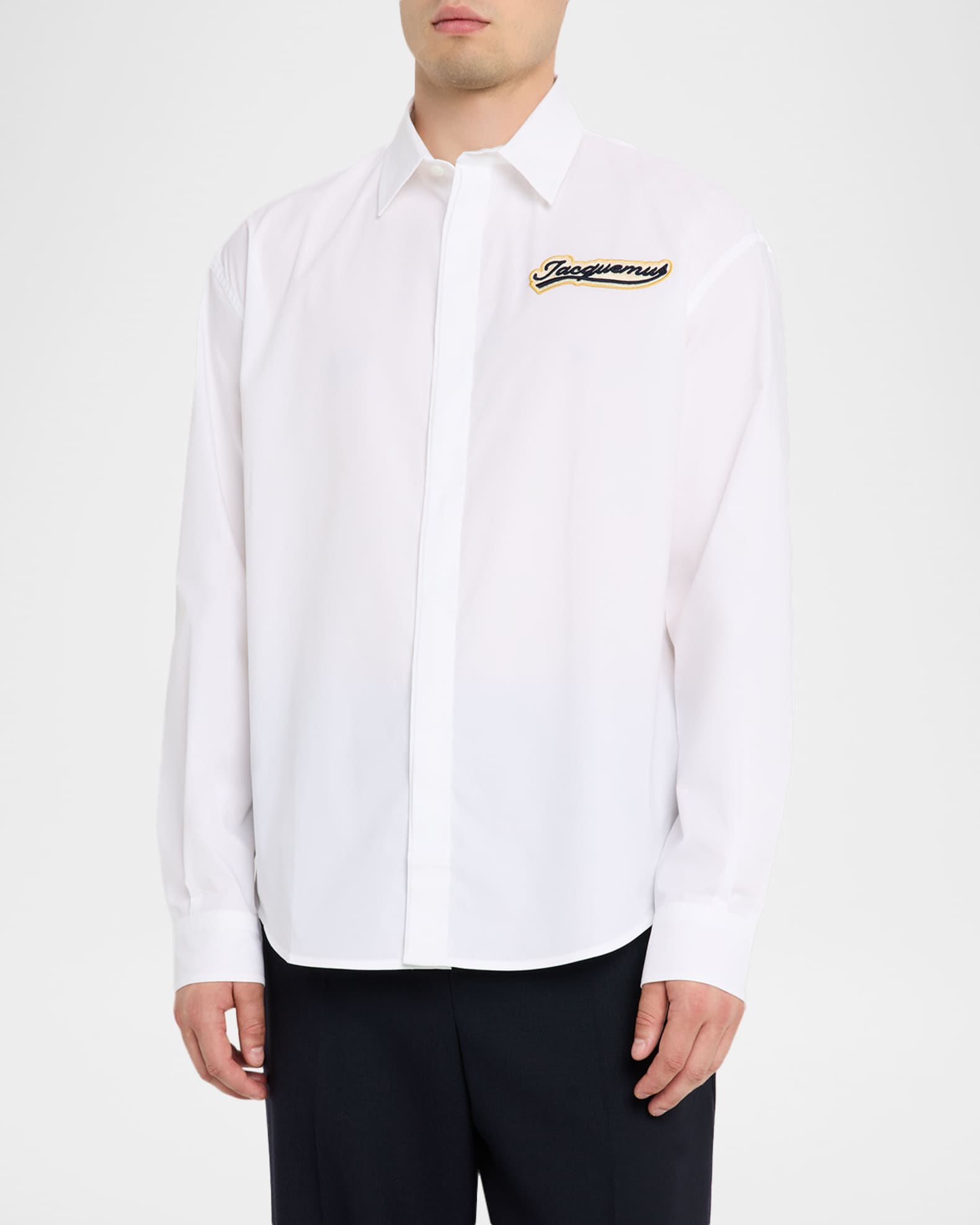 Jacquemus Men's Simon Logo Patch Cotton Sport Shirt | Neiman Marcus