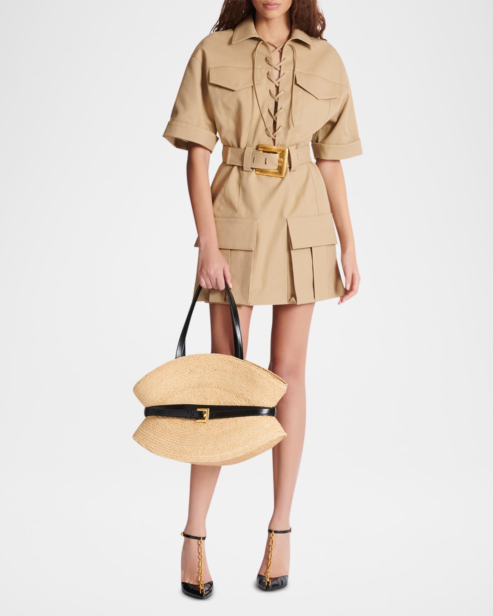 Balmain Shuffle Belted Shoulder Bag in Raffia | Neiman Marcus