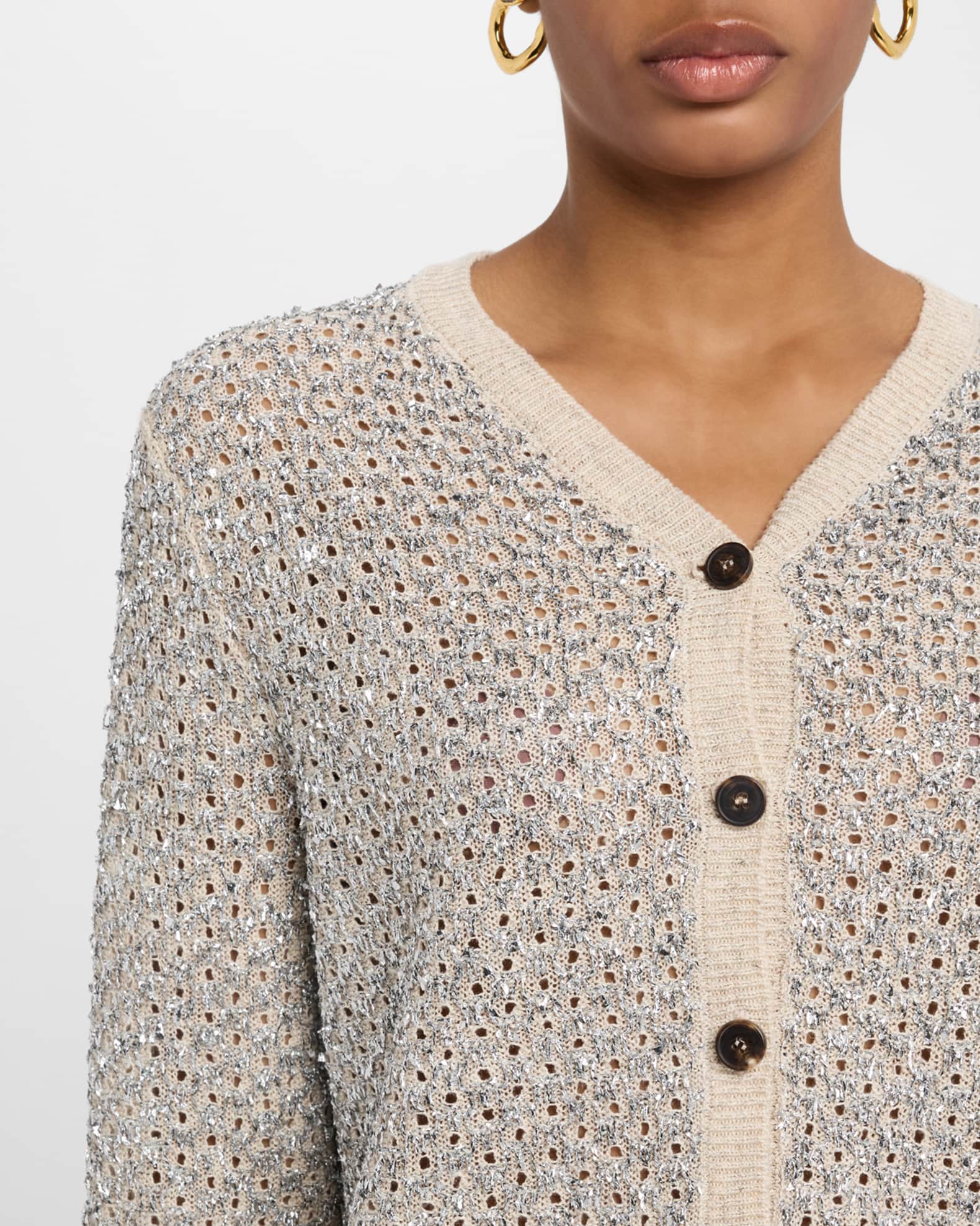 Lafayette 148 New York Metallic-Stitch Pointelle Cardigan | Neiman Marcus