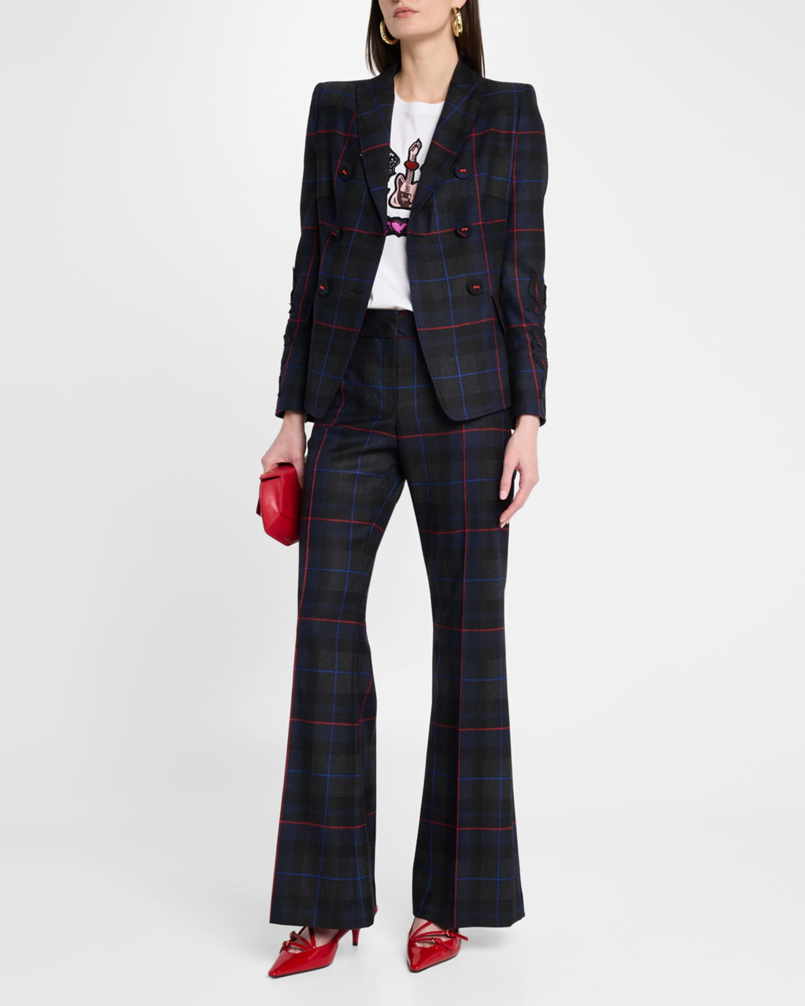 Maison Common Embroidered-Sleeve Plaid Double-Breasted Jacket | Neiman ...