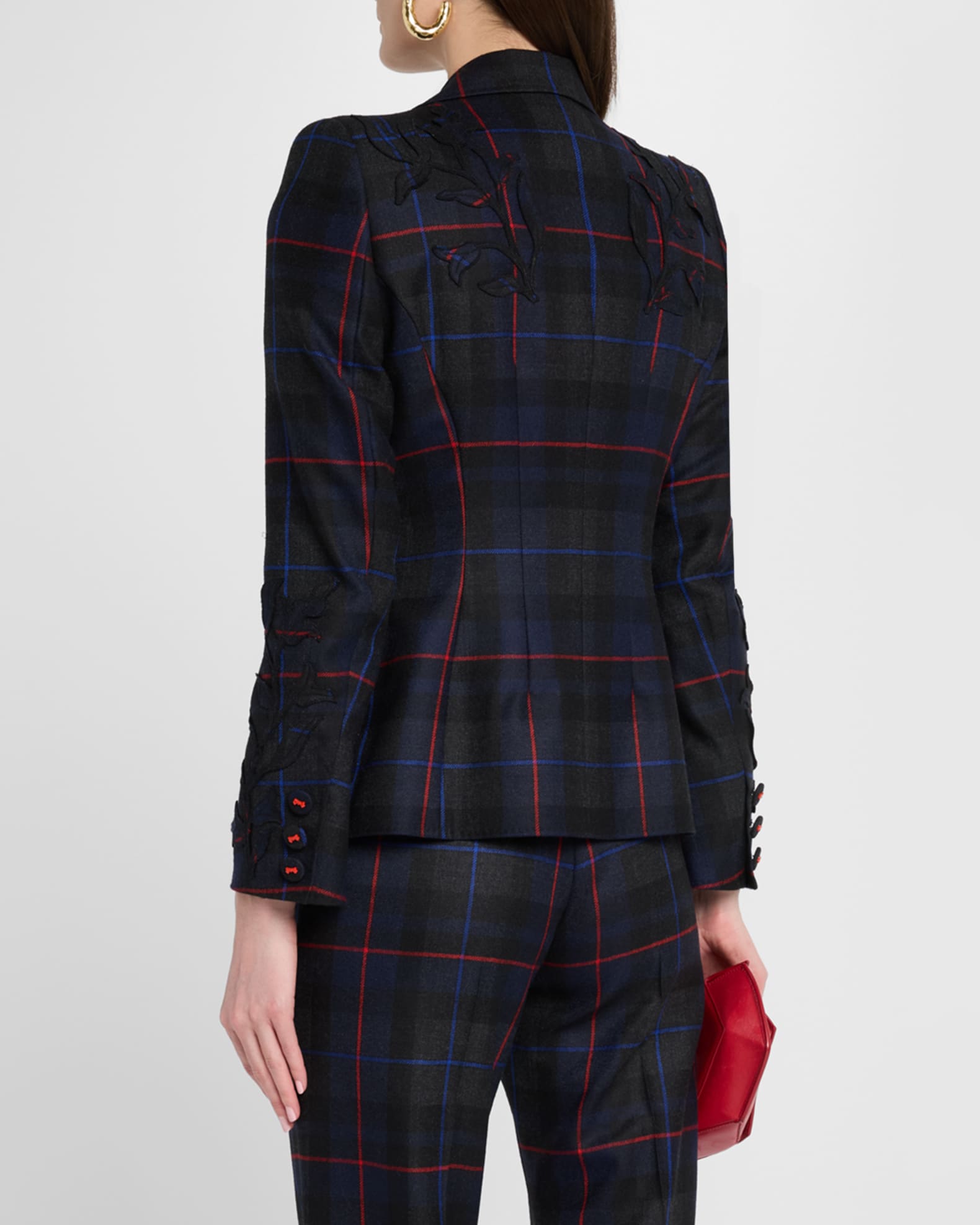 Maison Common Embroidered-Sleeve Plaid Double-Breasted Jacket | Neiman ...