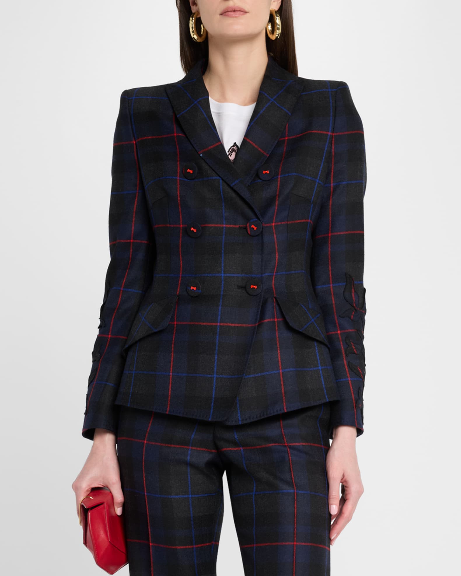 Maison Common Embroidered-Sleeve Plaid Double-Breasted Jacket | Neiman ...