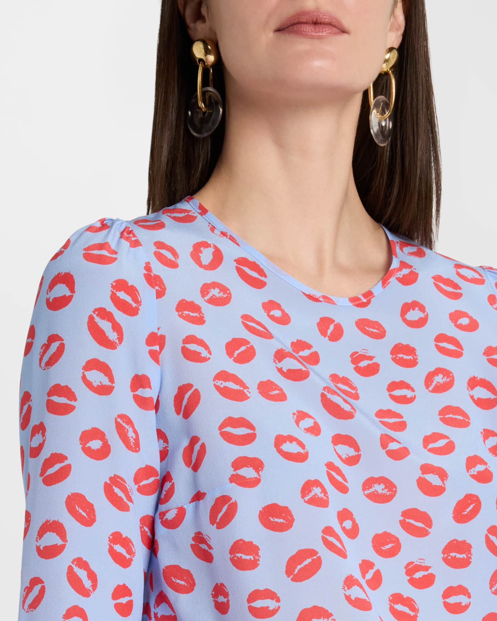 Maison Common 3/4-Sleeve Lip-Print Silk Blouse | Neiman Marcus