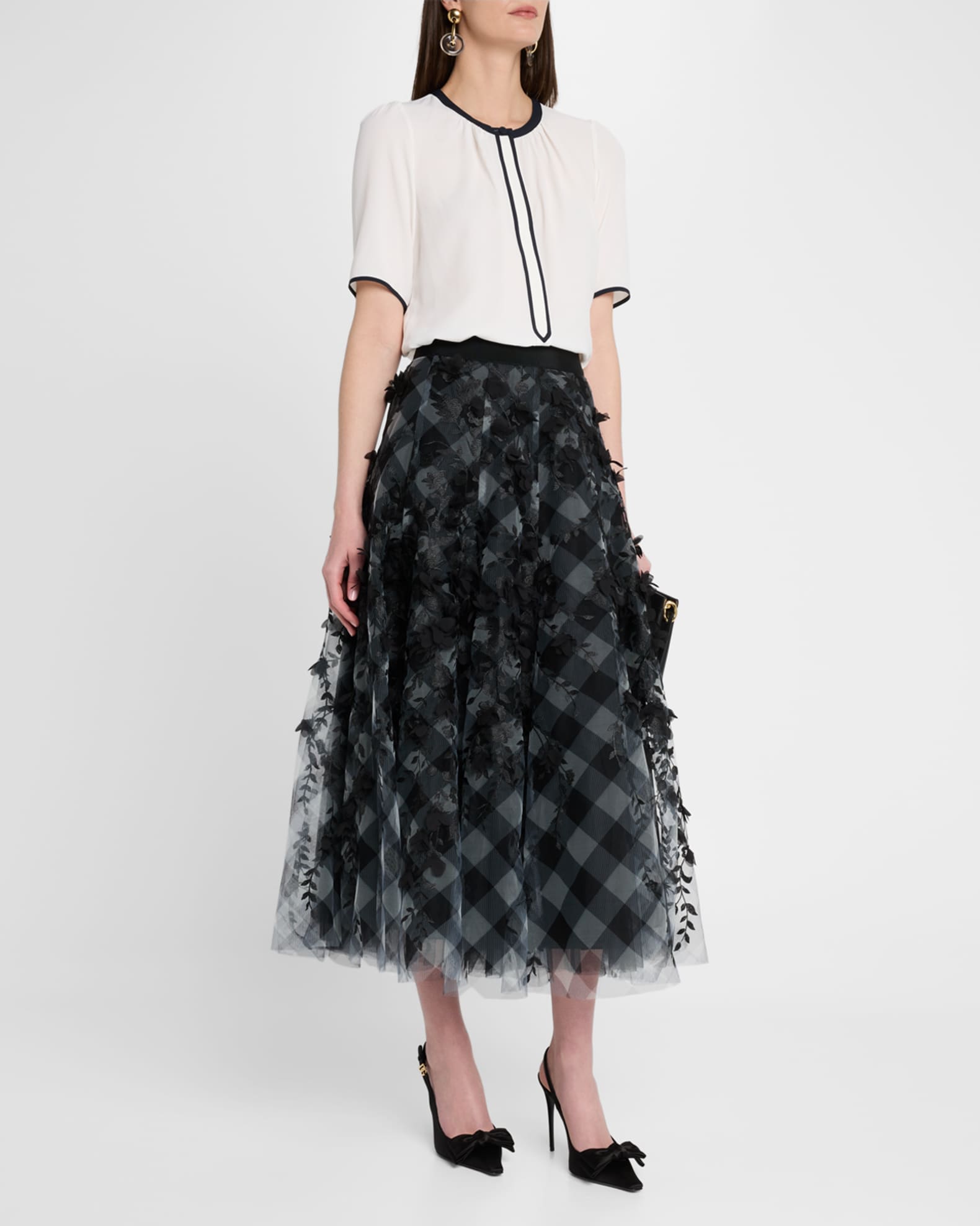 Maison Common Check Tulle Petal Applique Midi Skirt | Neiman Marcus