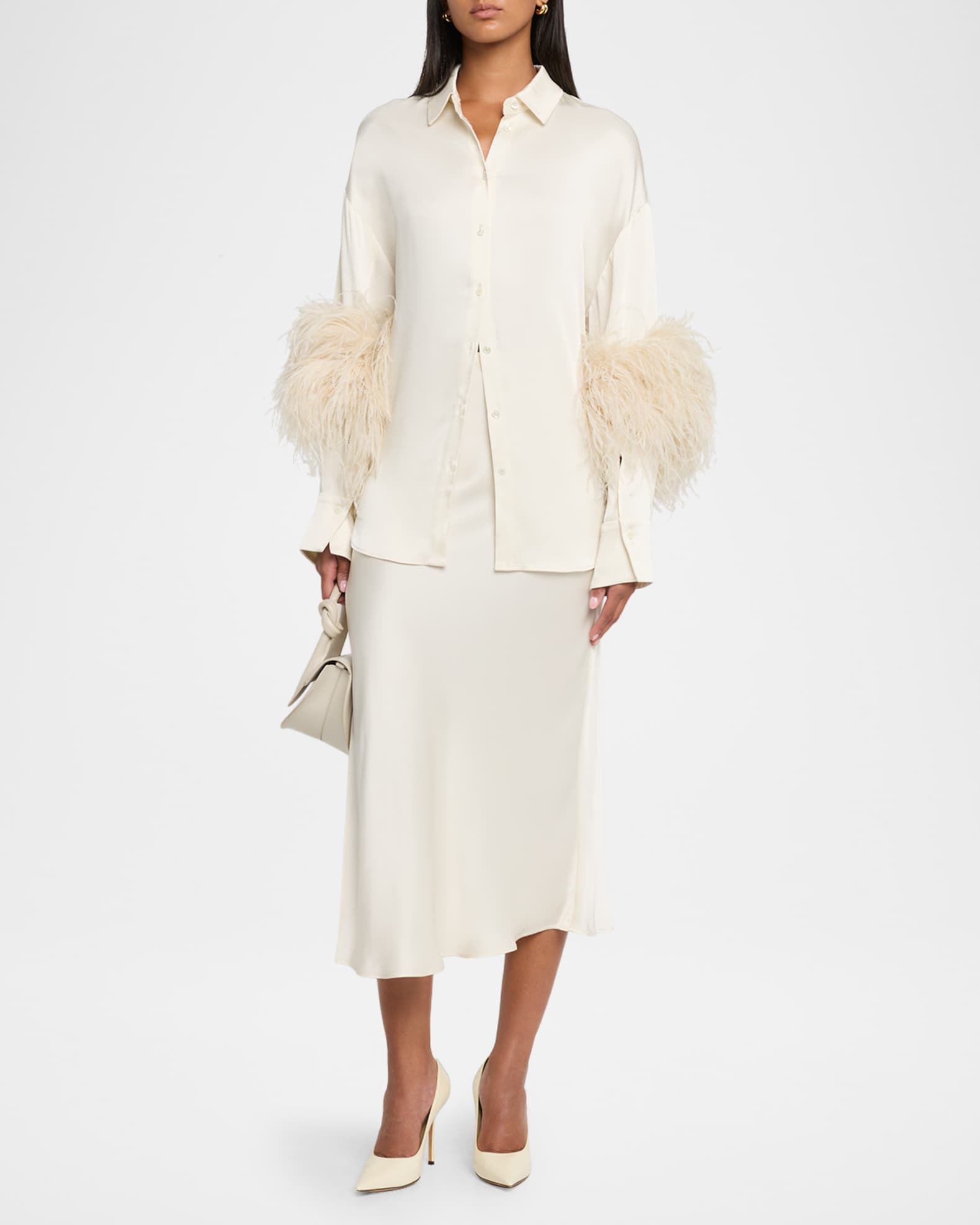 LAPOINTE Satin Button-Down Blouse With Feather Trim | Neiman Marcus