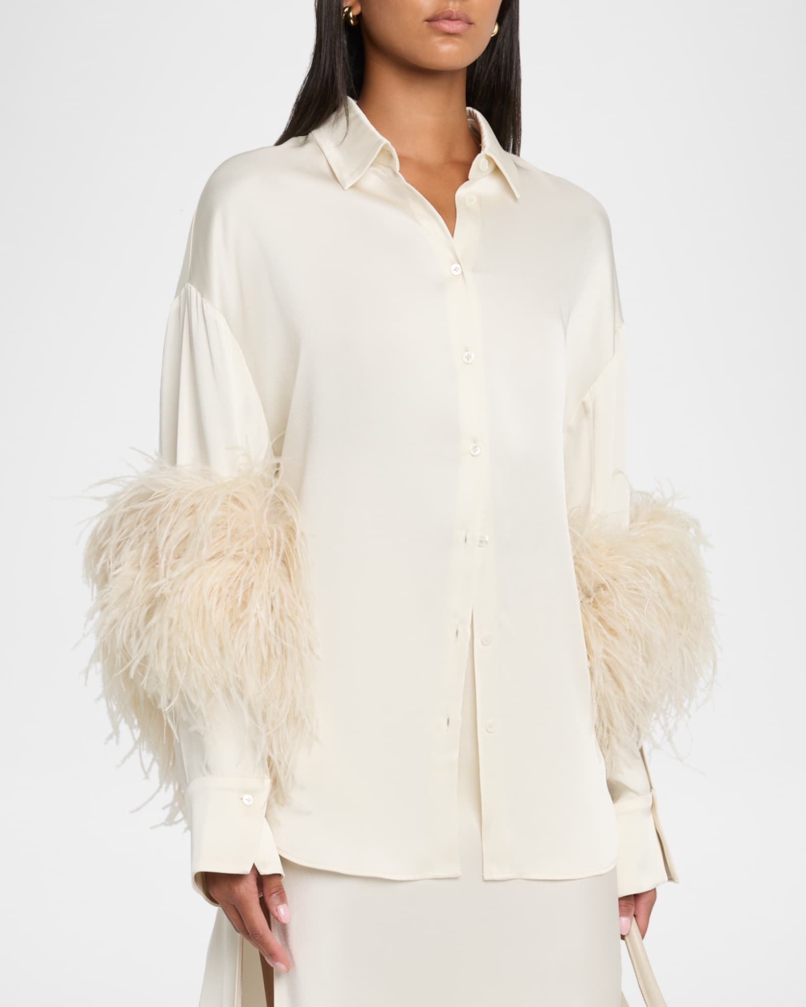 LAPOINTE Satin Button-Down Blouse With Feather Trim | Neiman Marcus