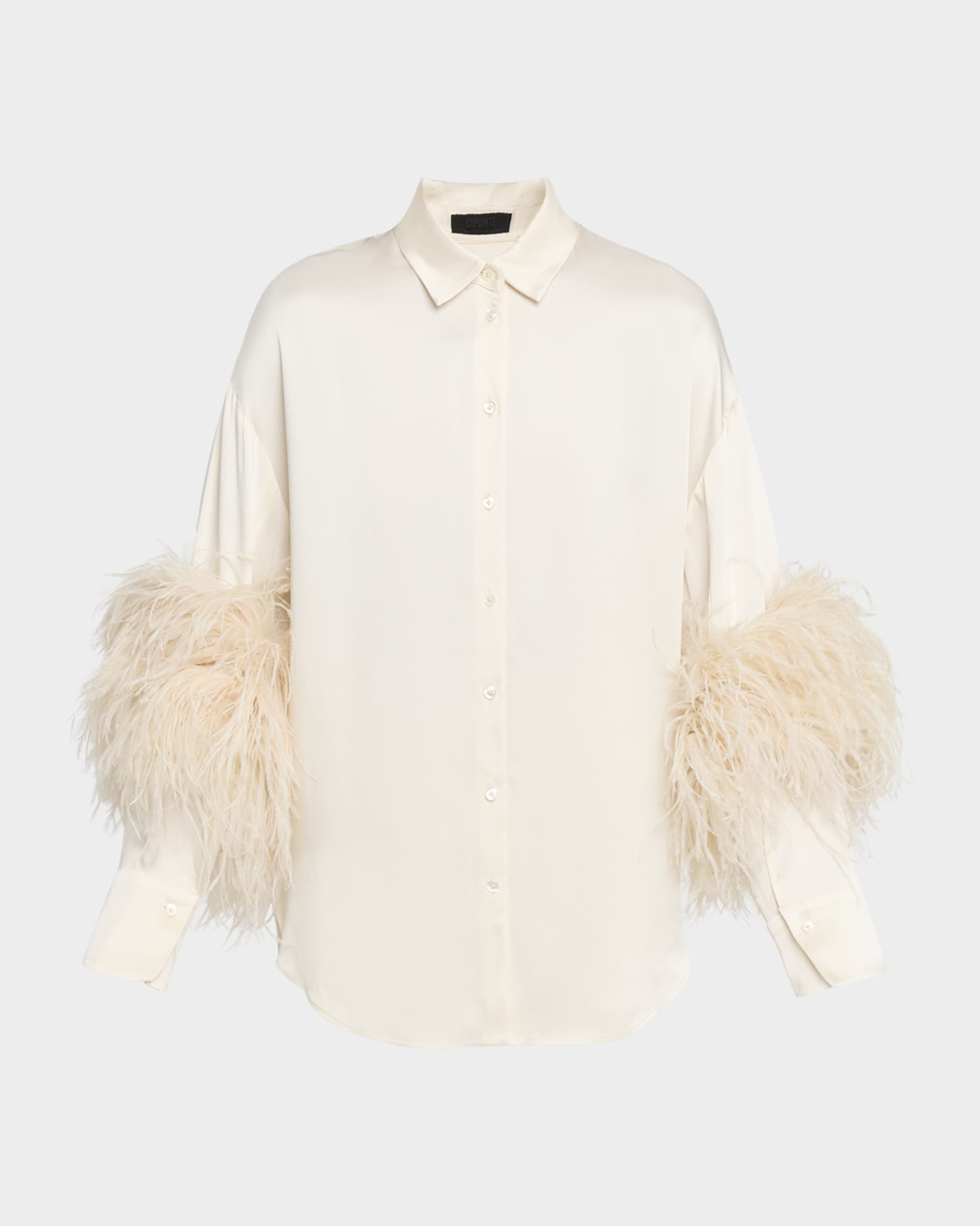 LAPOINTE Satin Button-Down Blouse With Feather Trim | Neiman Marcus