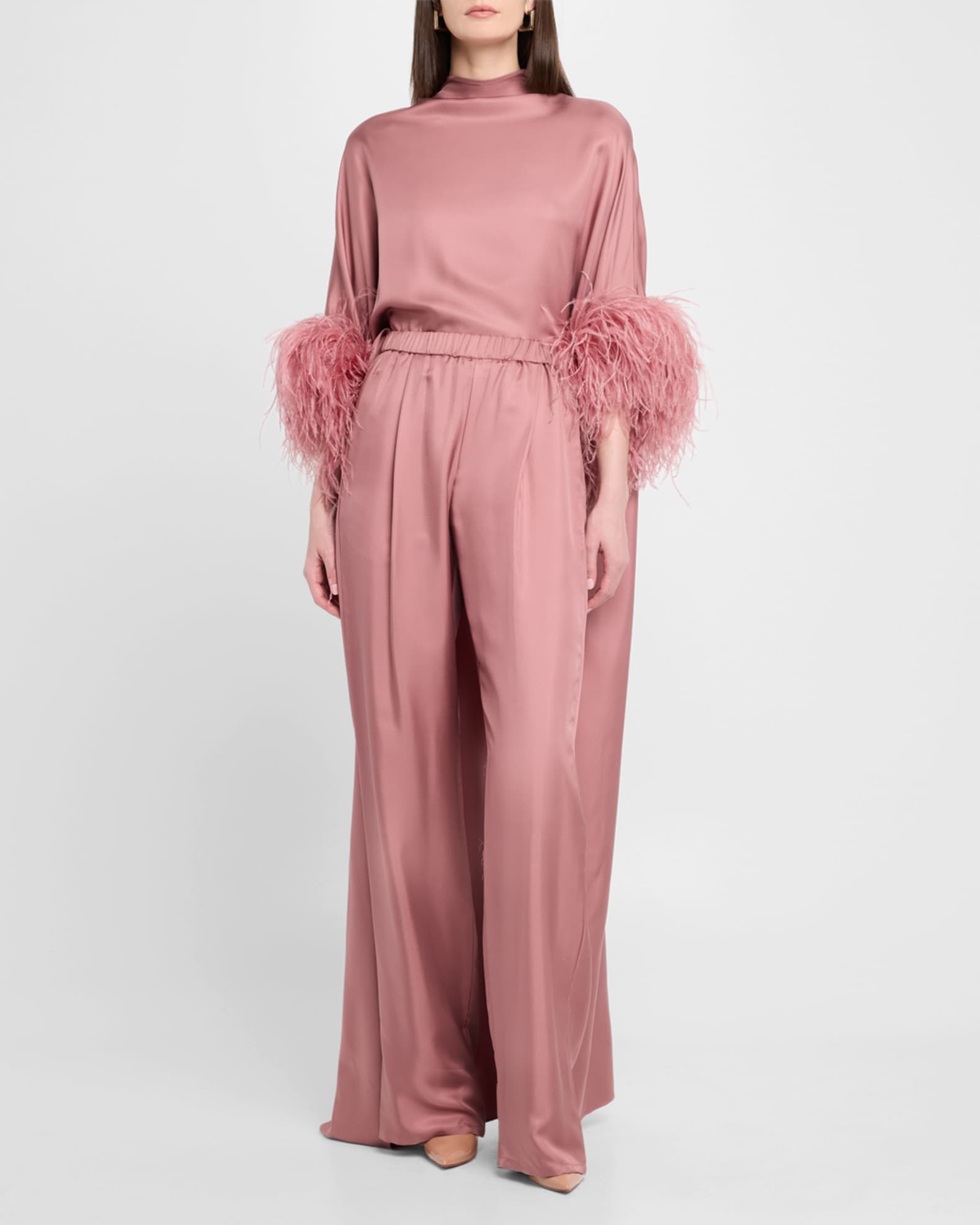 LAPOINTE Feather-Trim Silk Twill Mock-Neck High-Low Top | Neiman Marcus