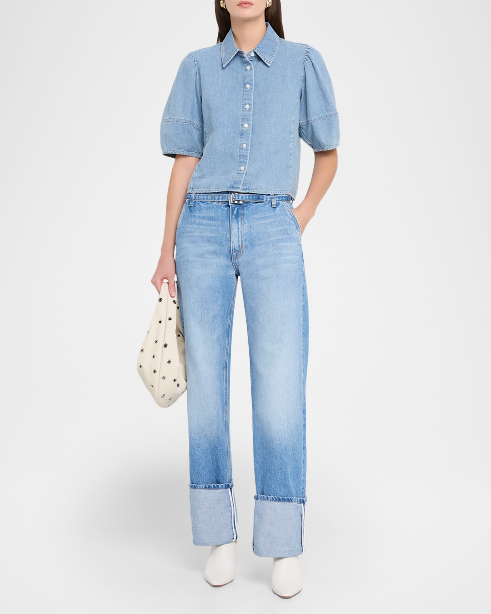 Brandon Maxwell Alexa Belted Wide-Leg Cuffed Jeans | Neiman Marcus