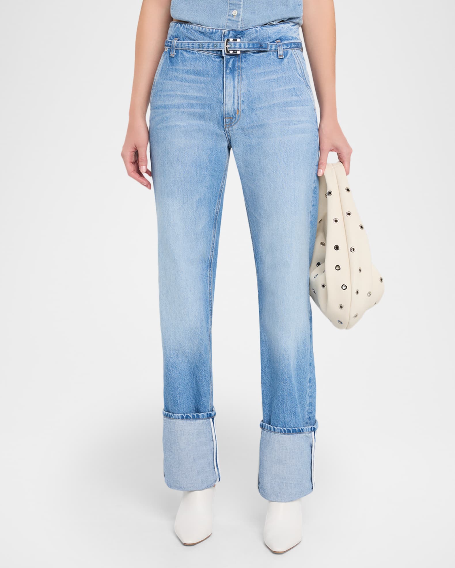 Brandon Maxwell Alexa Belted Wide-Leg Cuffed Jeans | Neiman Marcus