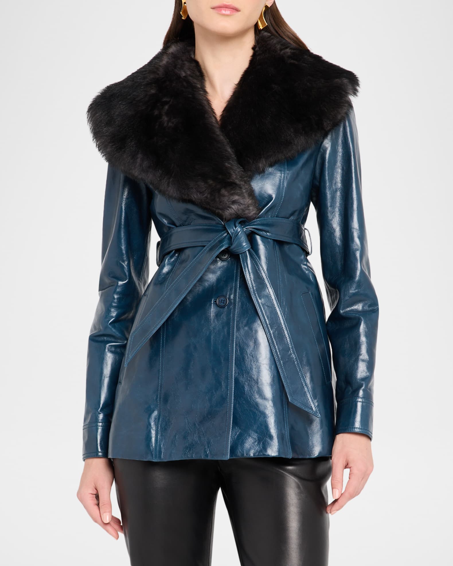 Chloe Lamb Shearling Collar Shiny Leather Short Wrap Coat | Neiman Marcus