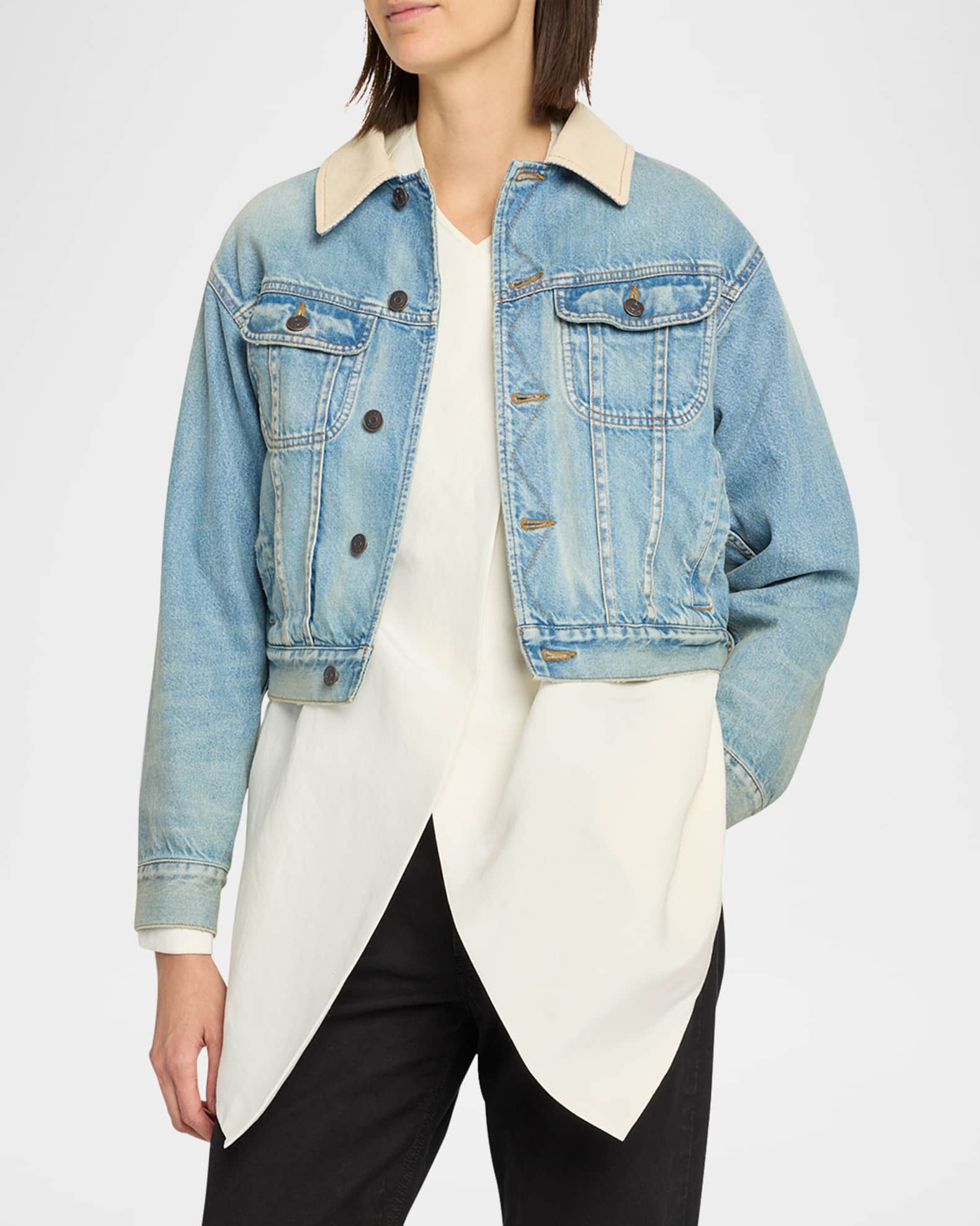 THE ROW Joras Crop Denim Jacket with Corduroy Collar | Neiman Marcus
