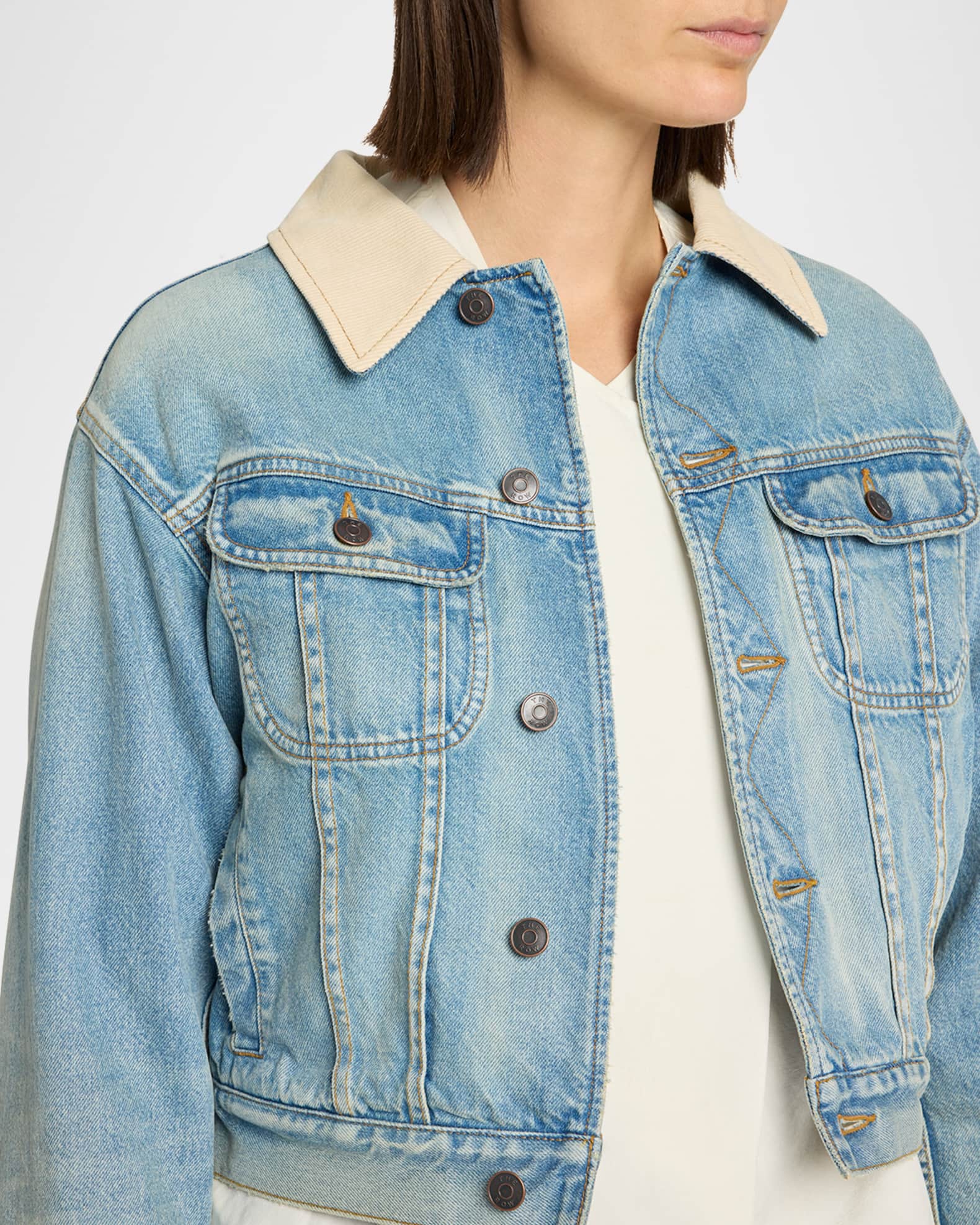 THE ROW Joras Crop Denim Jacket with Corduroy Collar | Neiman Marcus