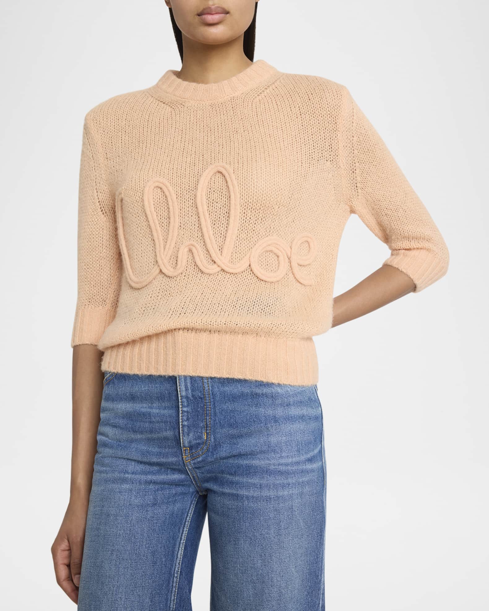 Chloe Logo Embroidered Open-Knit 3/4-Sleeve Sweater | Neiman Marcus