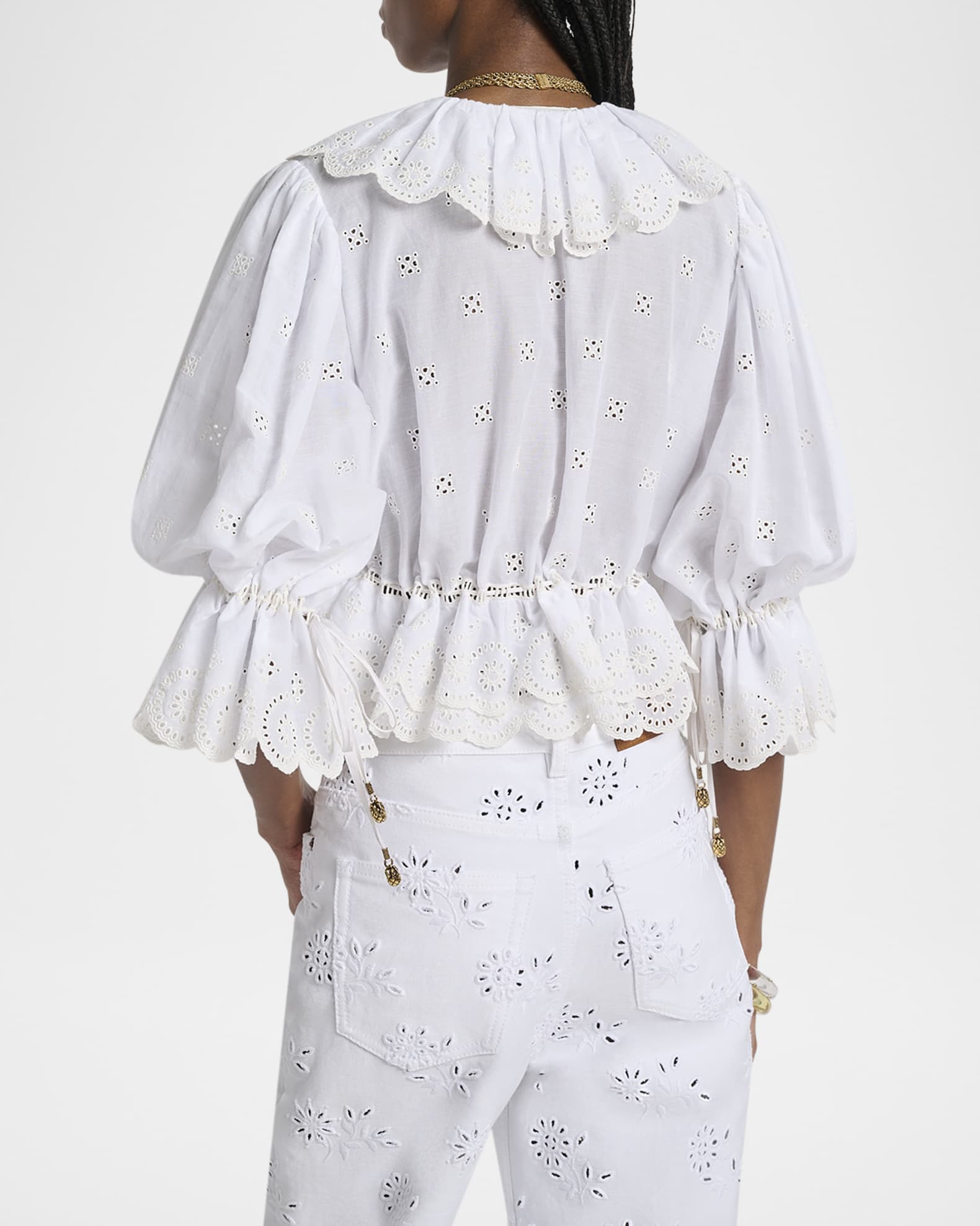 Chloe Eyelet Cotton Ruffle Crop Peasant Blouse | Neiman Marcus