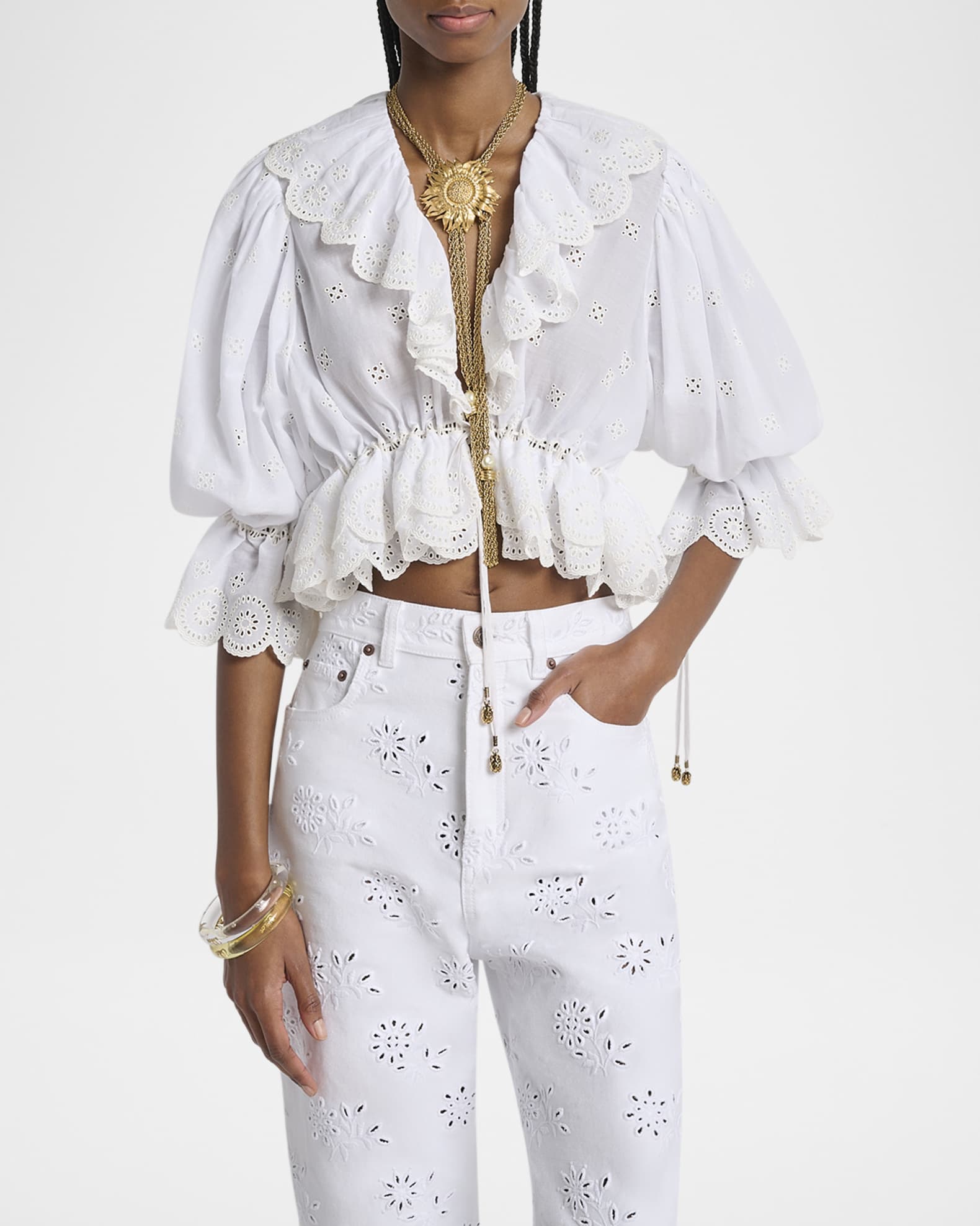 Chloe Eyelet Cotton Ruffle Crop Peasant Blouse | Neiman Marcus