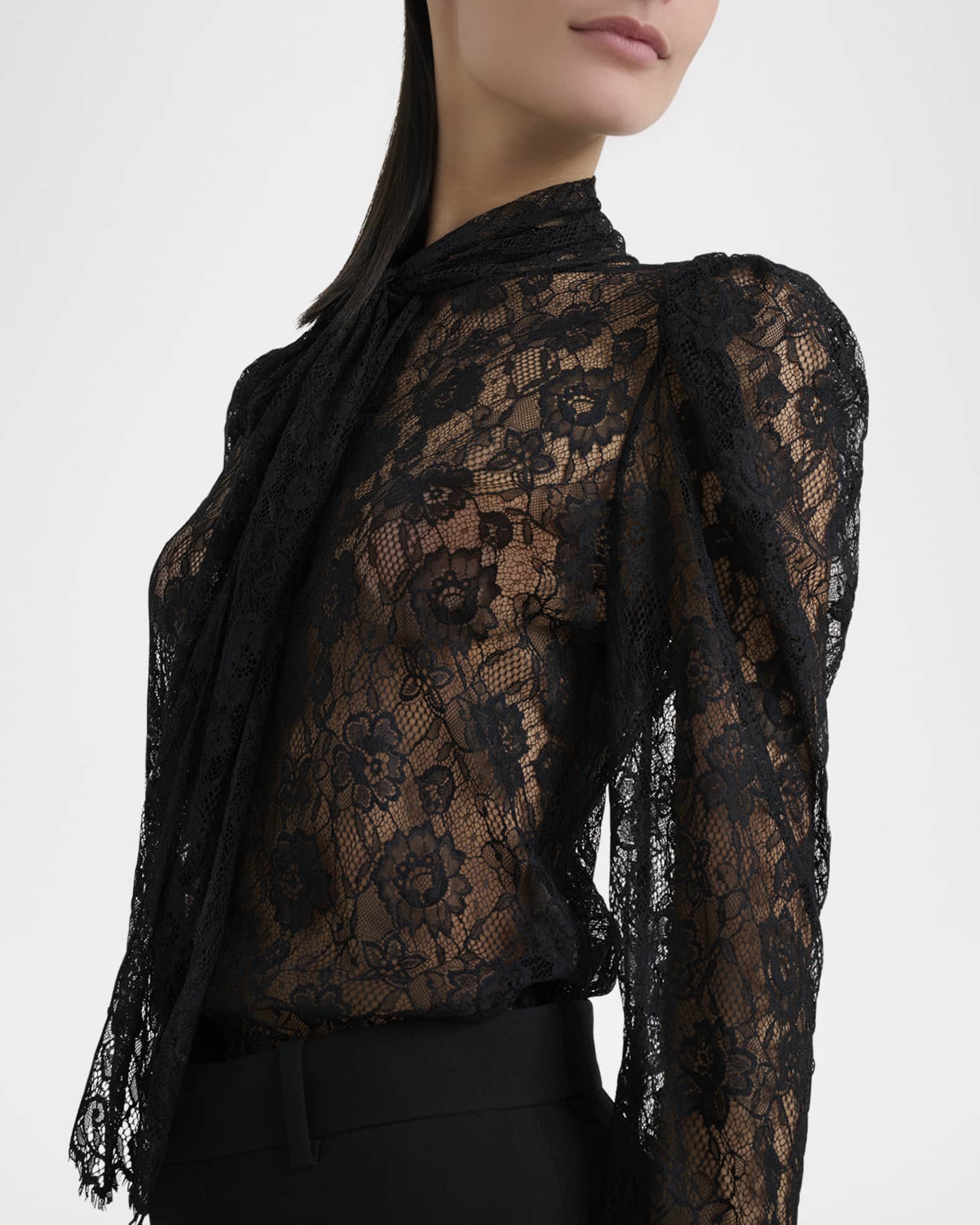 Chloe Tie-Neck Lace Button-Down Blouse | Neiman Marcus