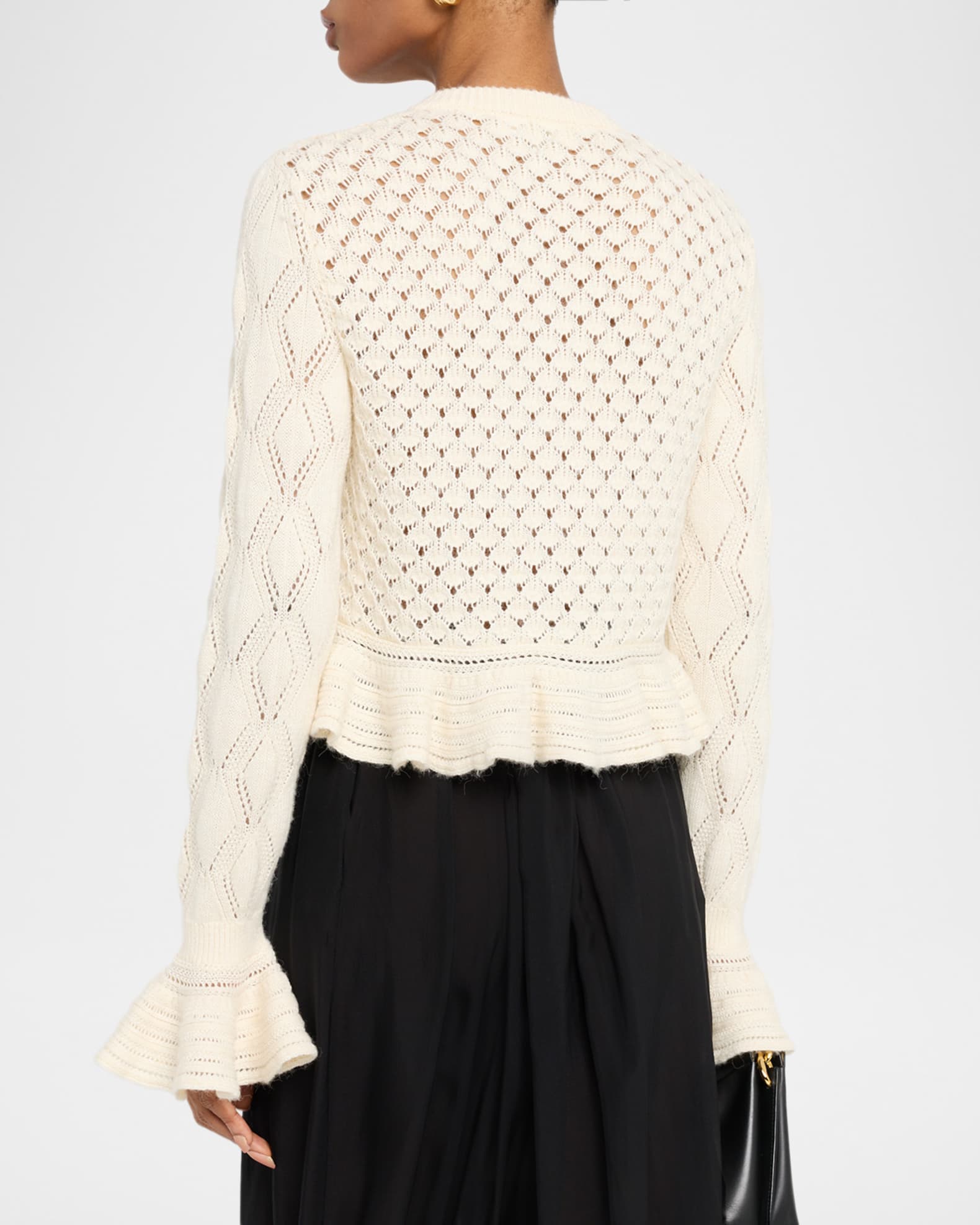 Chloe Open-Knit Ruffle Crewneck Cardigan | Neiman Marcus