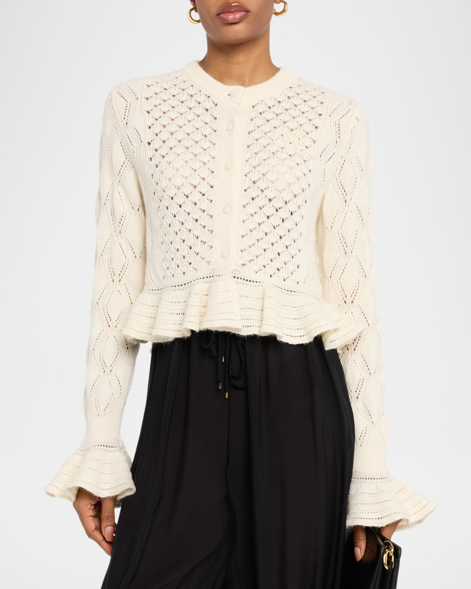 Chloe Open-Knit Ruffle Crewneck Cardigan | Neiman Marcus