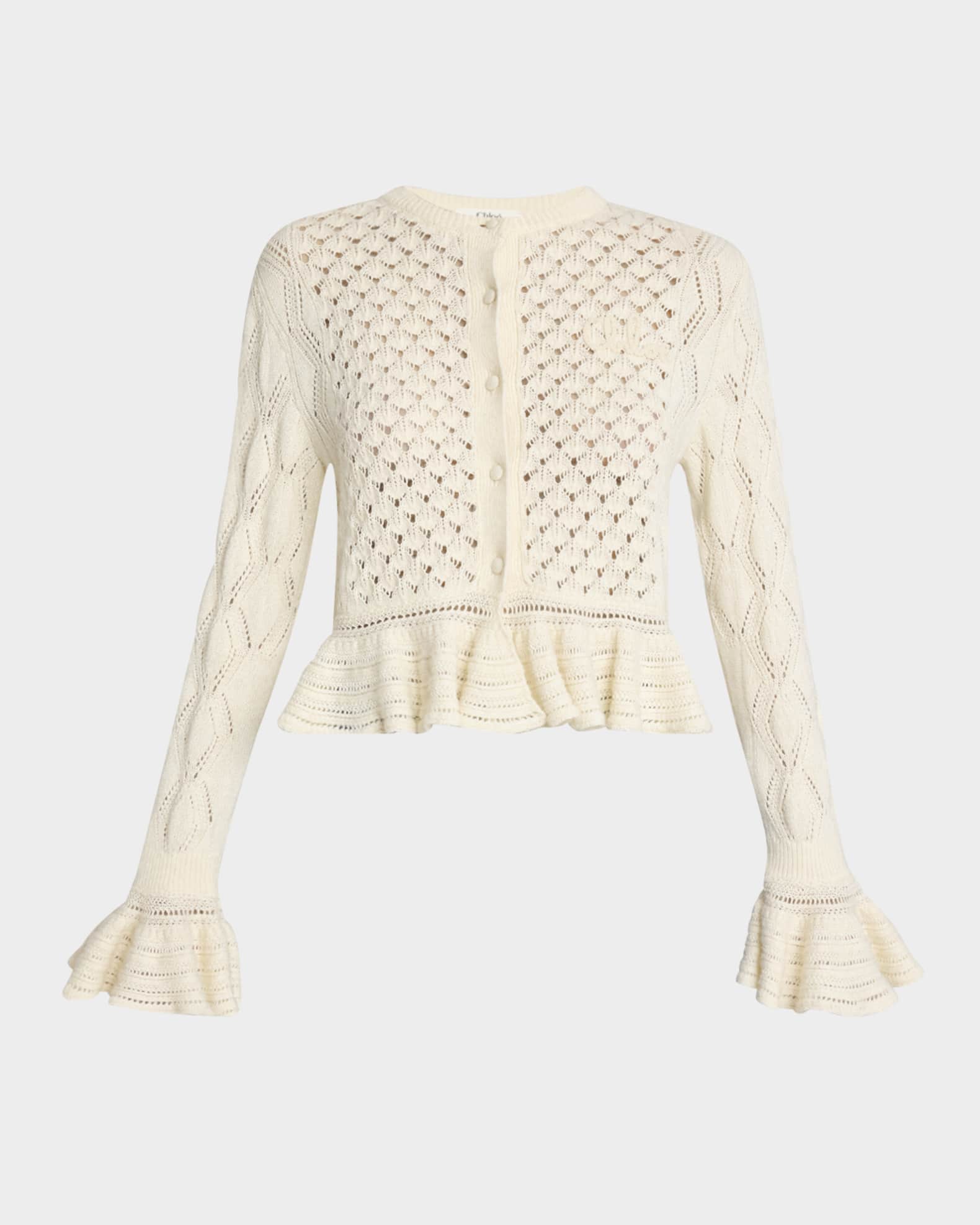 Chloe Open-Knit Ruffle Crewneck Cardigan | Neiman Marcus