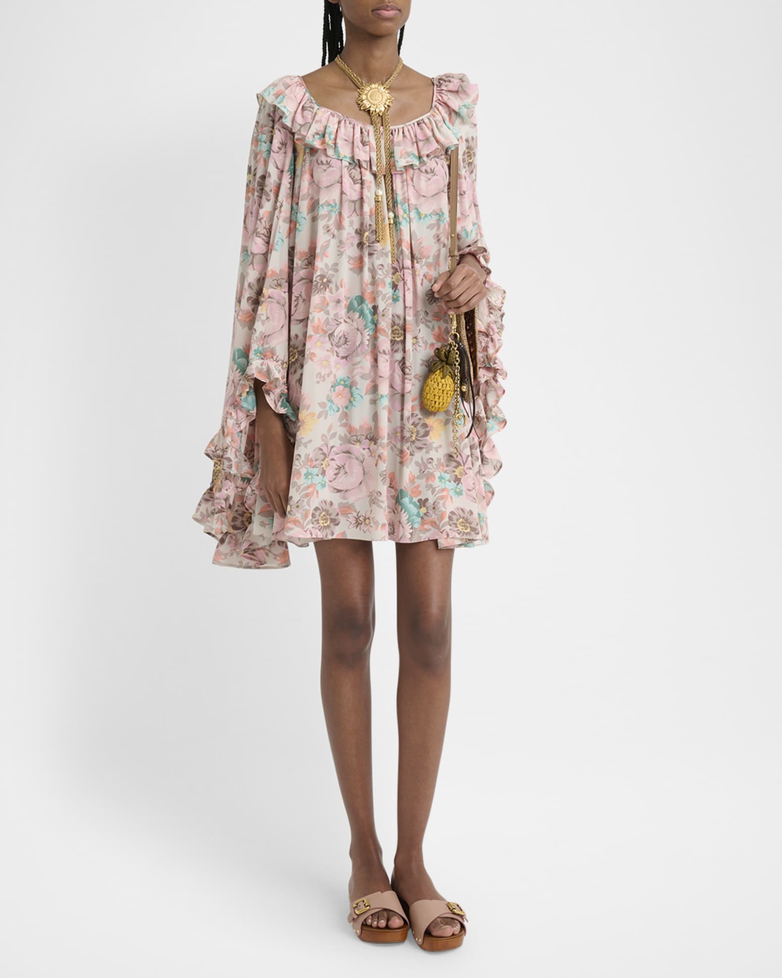 Chloe Ruffle-Trim Silk Mini Shift Dress | Neiman Marcus