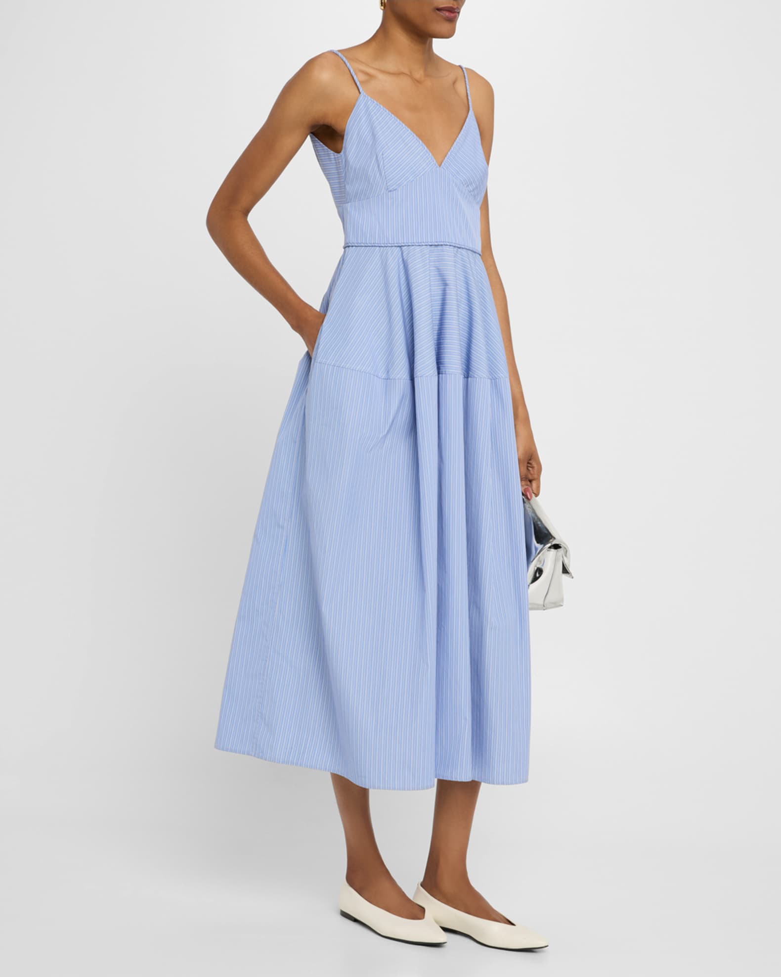 Co Basque Striped Midi Dress | Neiman Marcus