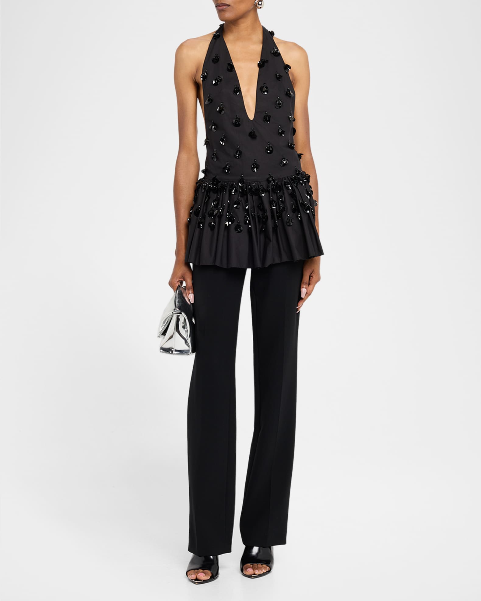 Diotima Embellished Plunging Ruffle Halter Top | Neiman Marcus