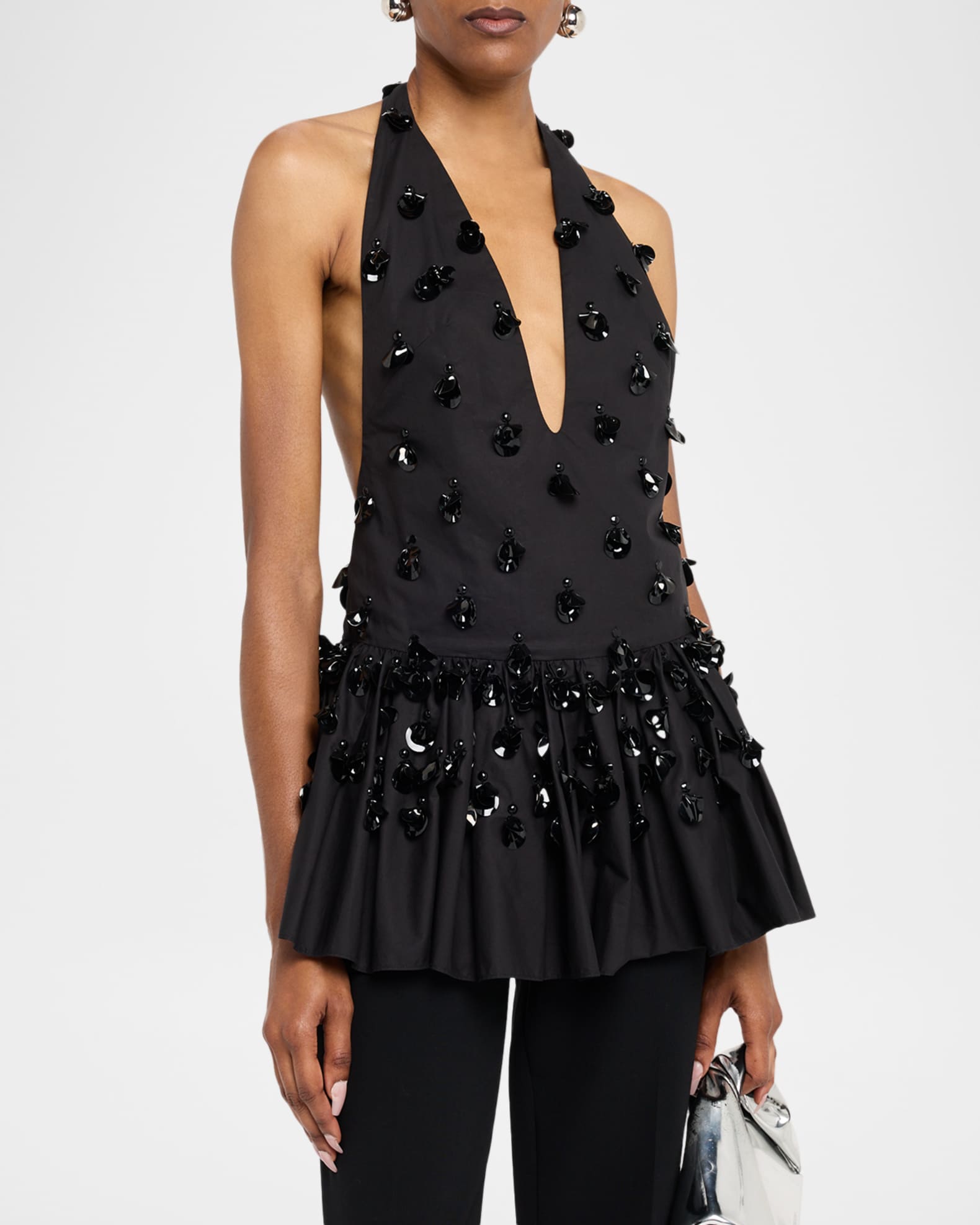 Diotima Embellished Plunging Ruffle Halter Top | Neiman Marcus