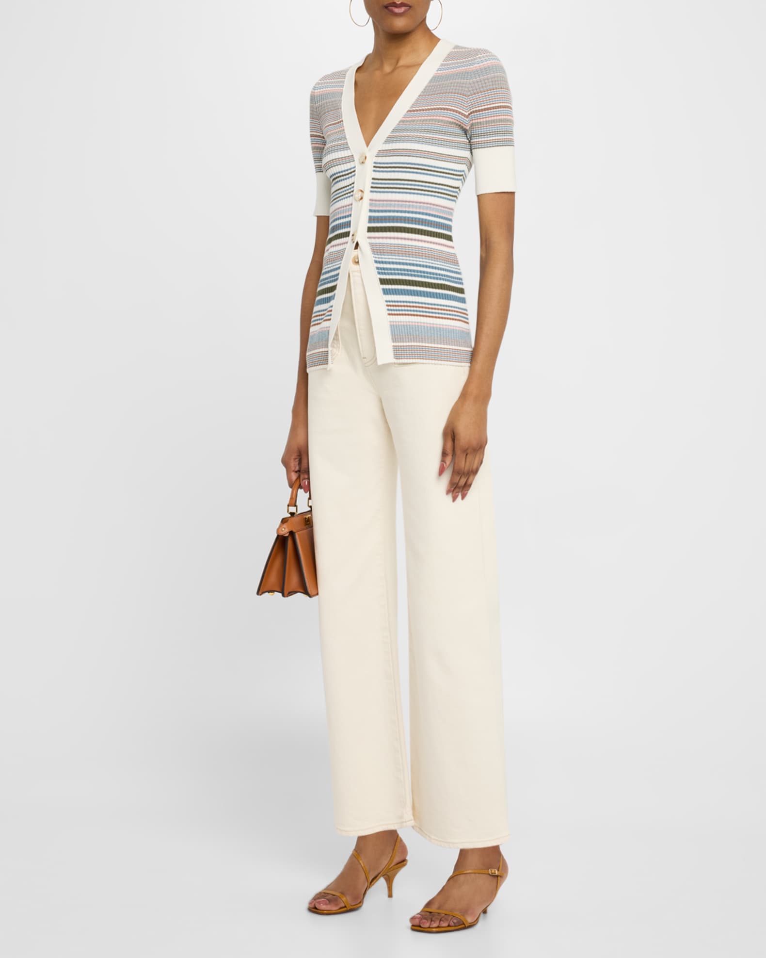 Veronica Beard Fawne Stripe Short-Sleeve Cardigan | Neiman Marcus