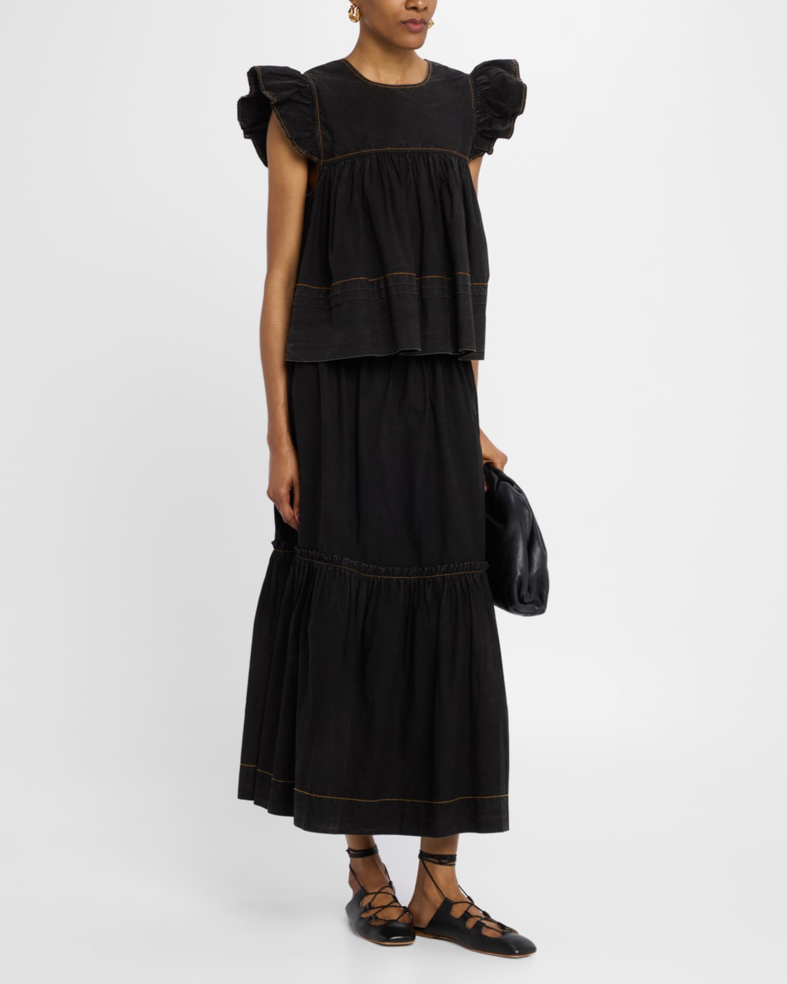 Ganni Garment-Dyed Flutter-Sleeve Babydoll Top | Neiman Marcus