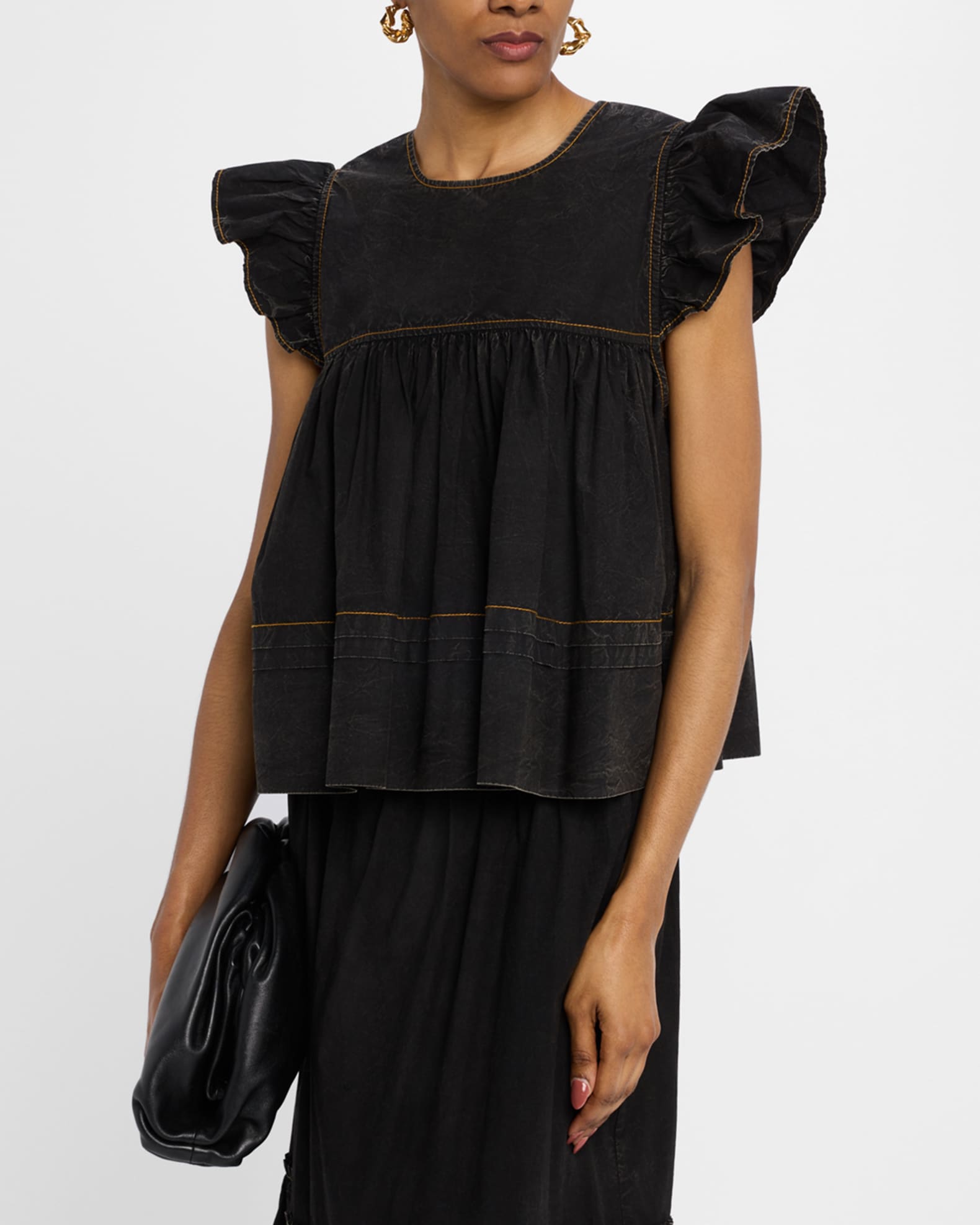 Ganni Garment-Dyed Flutter-Sleeve Babydoll Top | Neiman Marcus