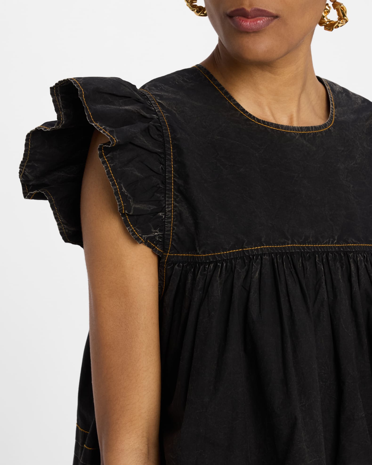 Ganni Garment-Dyed Flutter-Sleeve Babydoll Top | Neiman Marcus