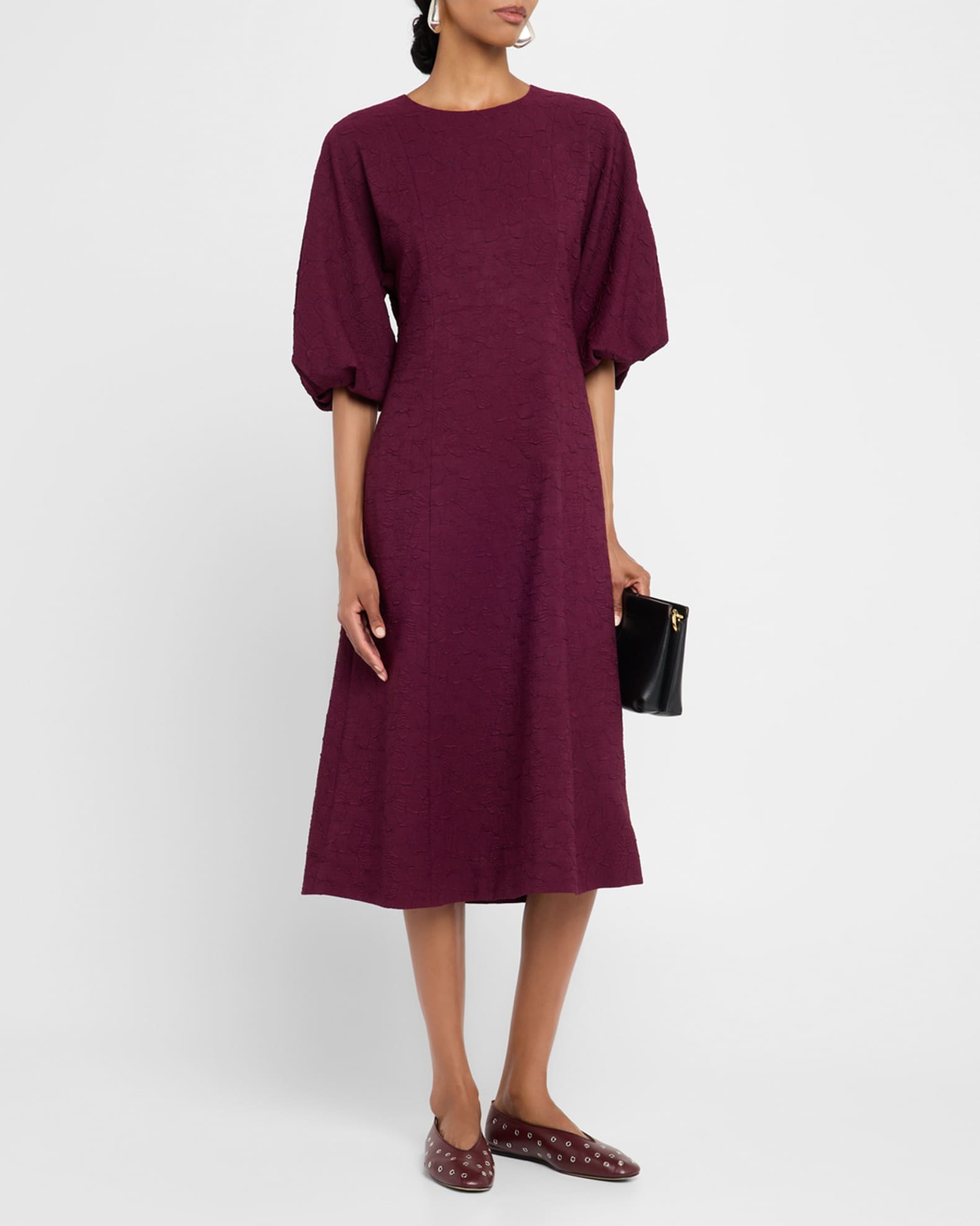 Lafayette 148 New York Balloon-Sleeve Jacquard Midi Dress | Neiman Marcus